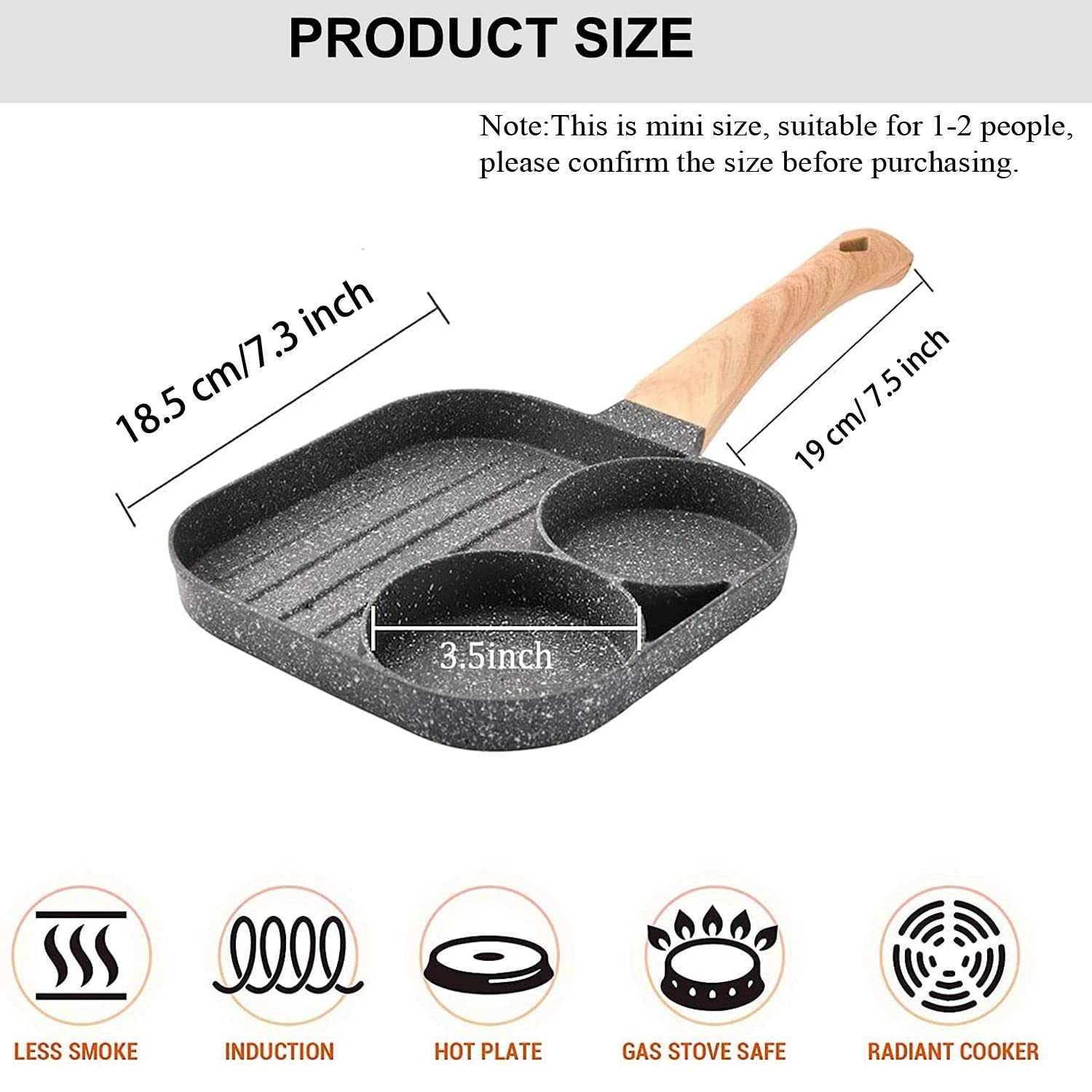 JUSTUP Nonstick Egg Frying Pan, 3-in-1 Nonstick Pan Divided Grill Frying Pan, Heat Resistant Handle 3 Section Skillet Mini Pancake Pan, Cooking Pan for Breakfast, Egg, Bacon and Burgers, 7.3 in