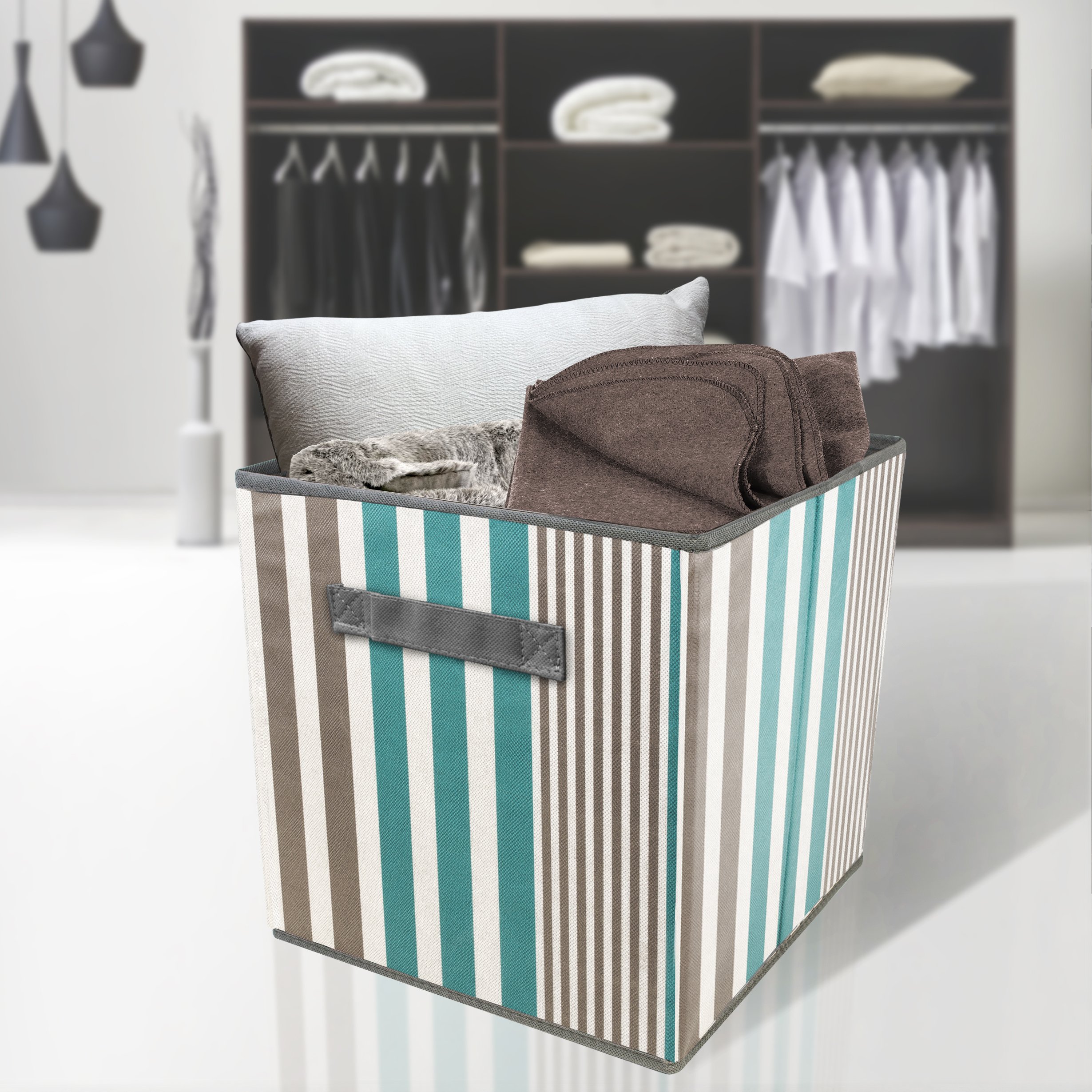 Sorbus 11 Inch Cube Storage Bin - 6 Foldable Storage Cubes for Shelf, Toy Box, Cubby and Closet Organizer - Pattern Aqua Collapsible Cloth Cube Storage Bins for Home Organization, Nursery, Bedroom