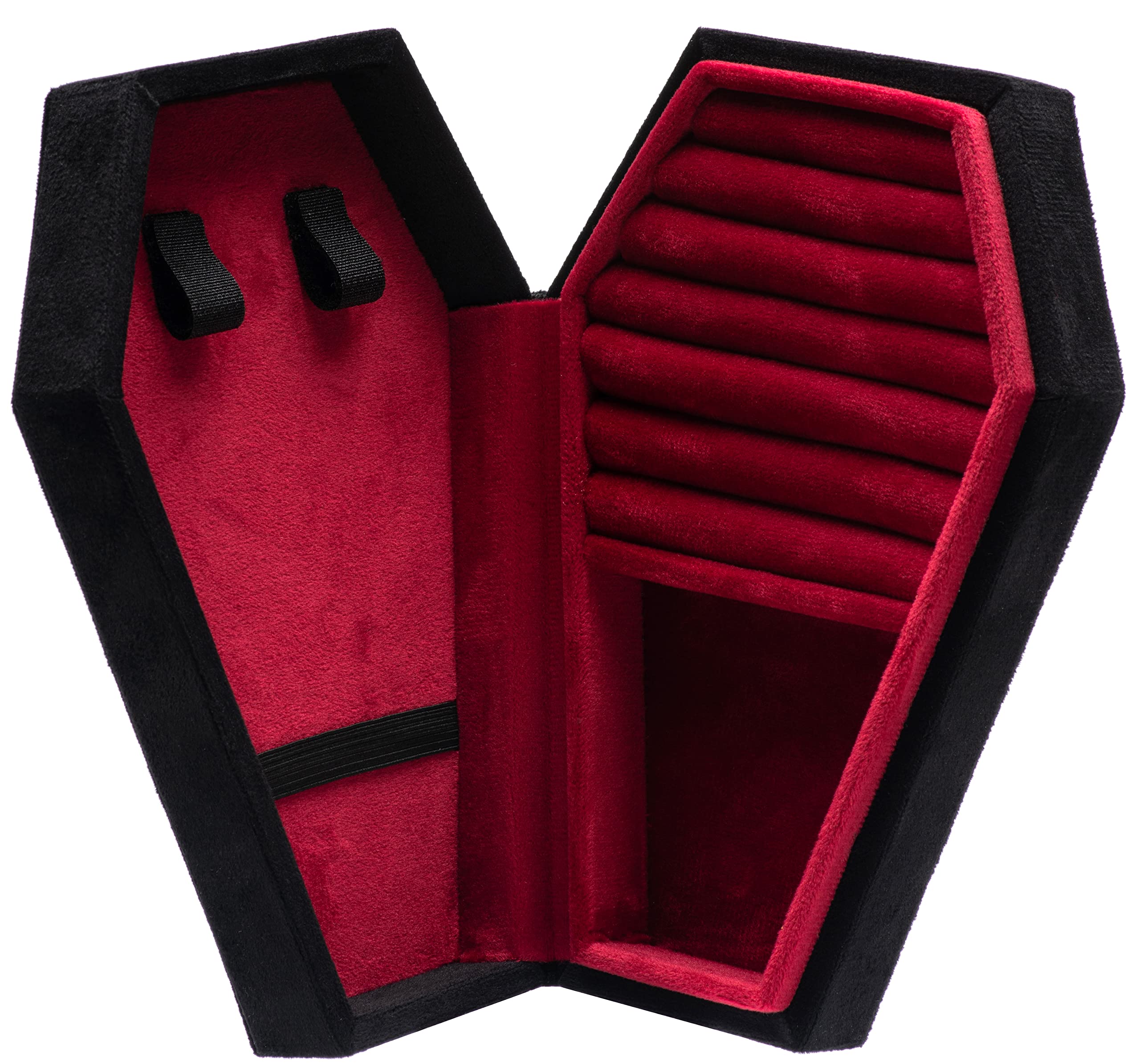 Giftop Velvet Coffin Jewelry Travel Case Holder for Gothic Wedding Ceremony,Gothic Jewelry Organizer Decoration (Black and Red)