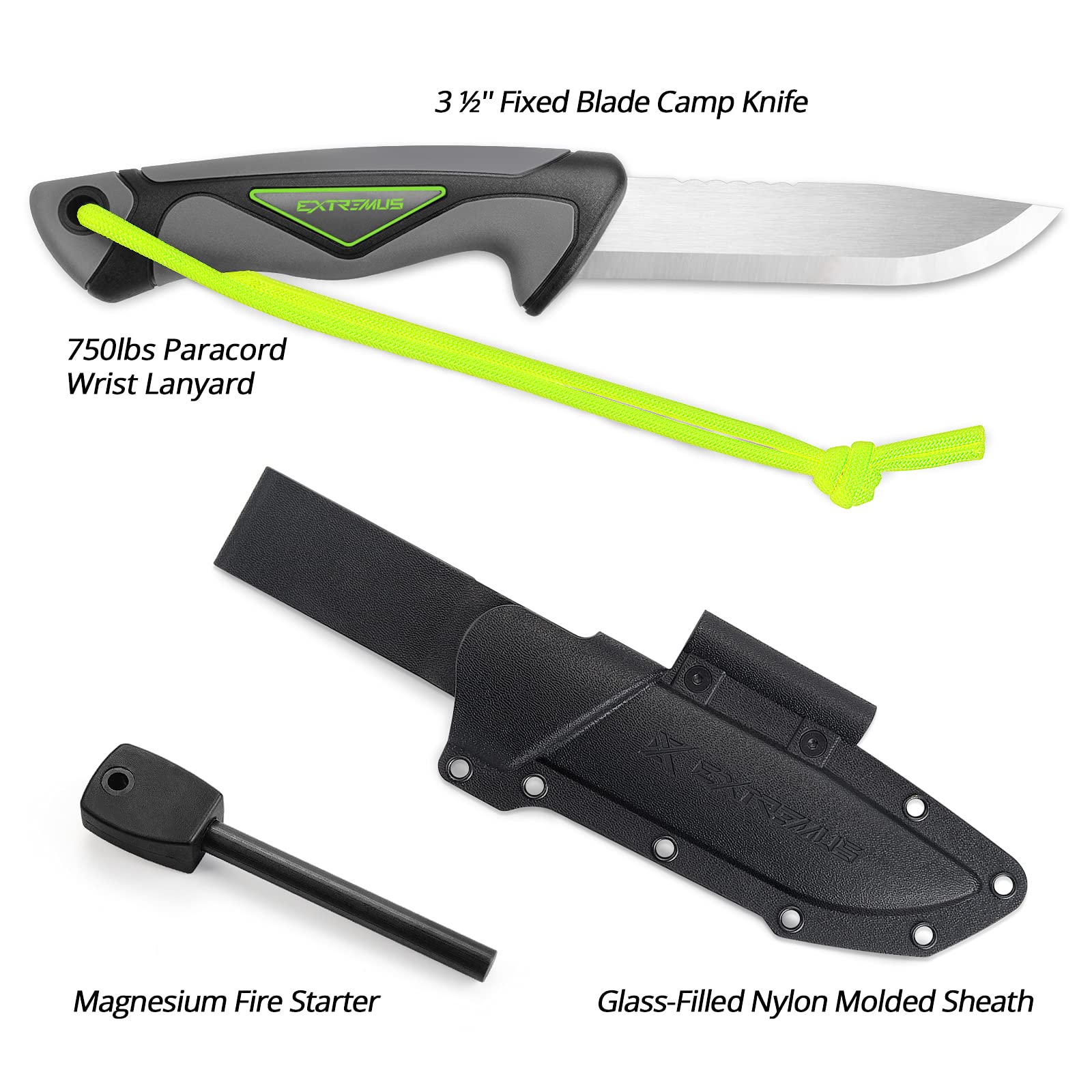 Extremus Camping Knife, Fixed Blade Outdoor Knife with 7CR17 Stainless Steel Blade, 3.5-Inch, Hunting Knife with Firestarter, TPR Molded Non-Slip Handle, Molded Safety Sheath, Paracode Lanyard