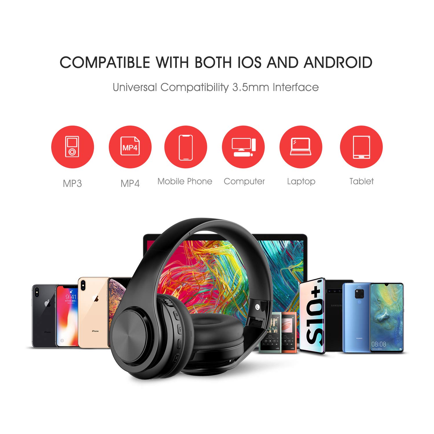 Funwaretech Wireless Bluetooth Headphones Over Ear with Mic,Noise Cancelling Headphones Bluetooth 5.0, Foldable Hi-Fi Stereo Wireless Headphones,Soft Memory-Protein Earmuffs for Travel/Work, Black