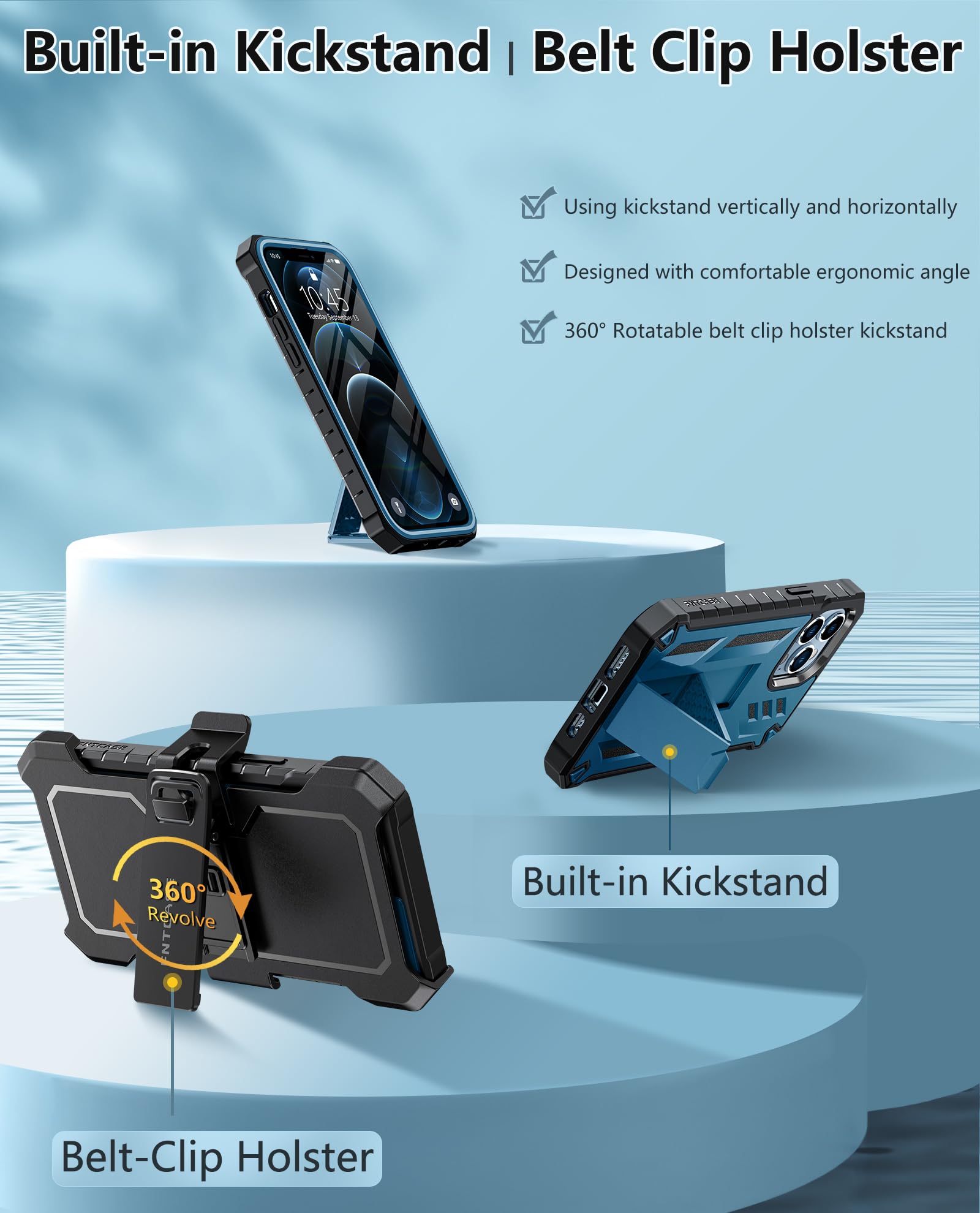 FNTCASE for iPhone 12 Pro Max Case: with Belt-Clip Holster & Built-in Screen Protector & Kickstand, Full-Body Dual Layer Rugged Military Grade Shockproof Protective Cell Phone Cover 6.7 inch-Blue