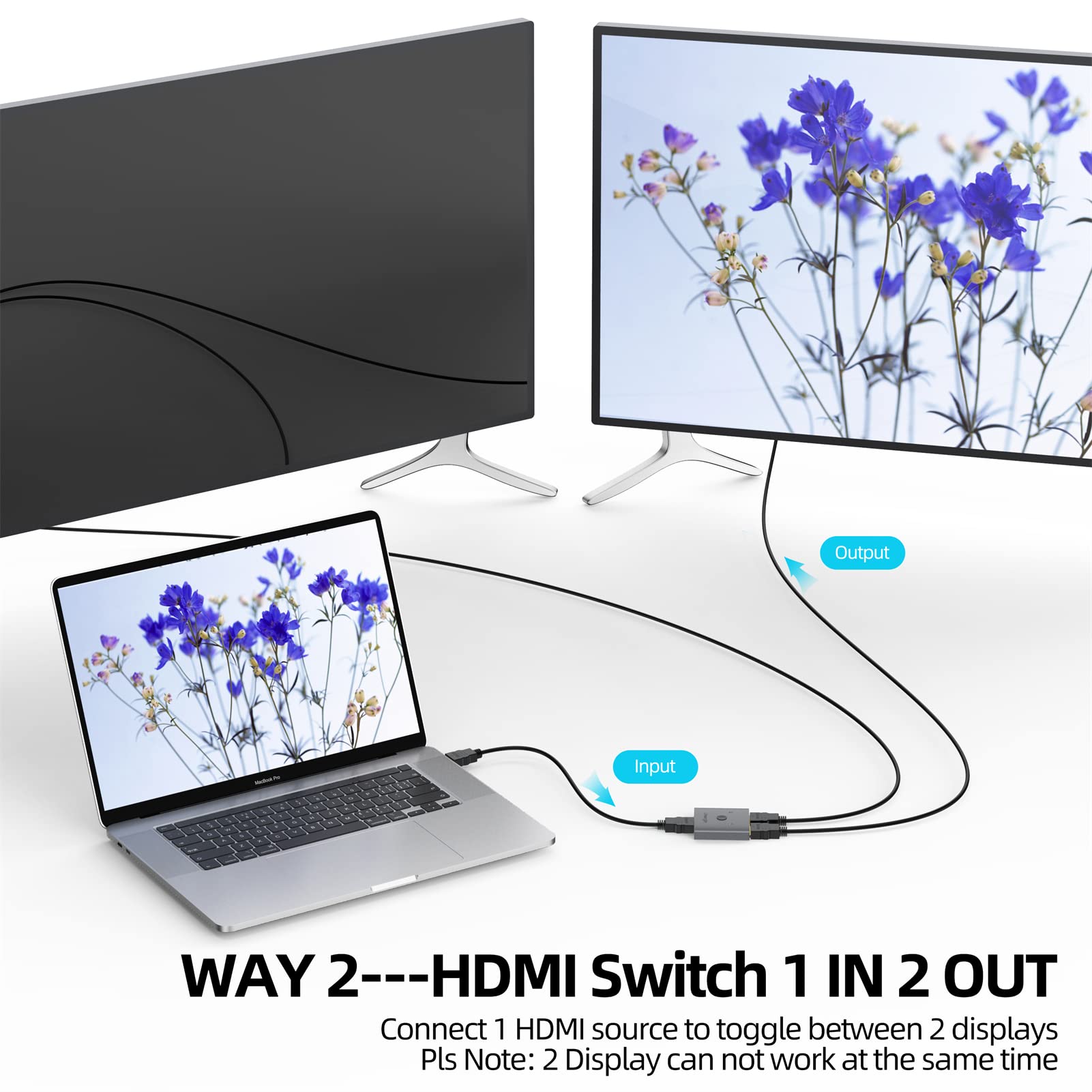 HDMI Switch 2 in 1 Out, 4K@60Hz HDMI Extended Switching, Aluminum Bidirectional HDMI 2.0 Switcher Splitter, Support HDR 4K 3D HDCP2.2 for PC TV PS4 Xbox FireStick Roku and More