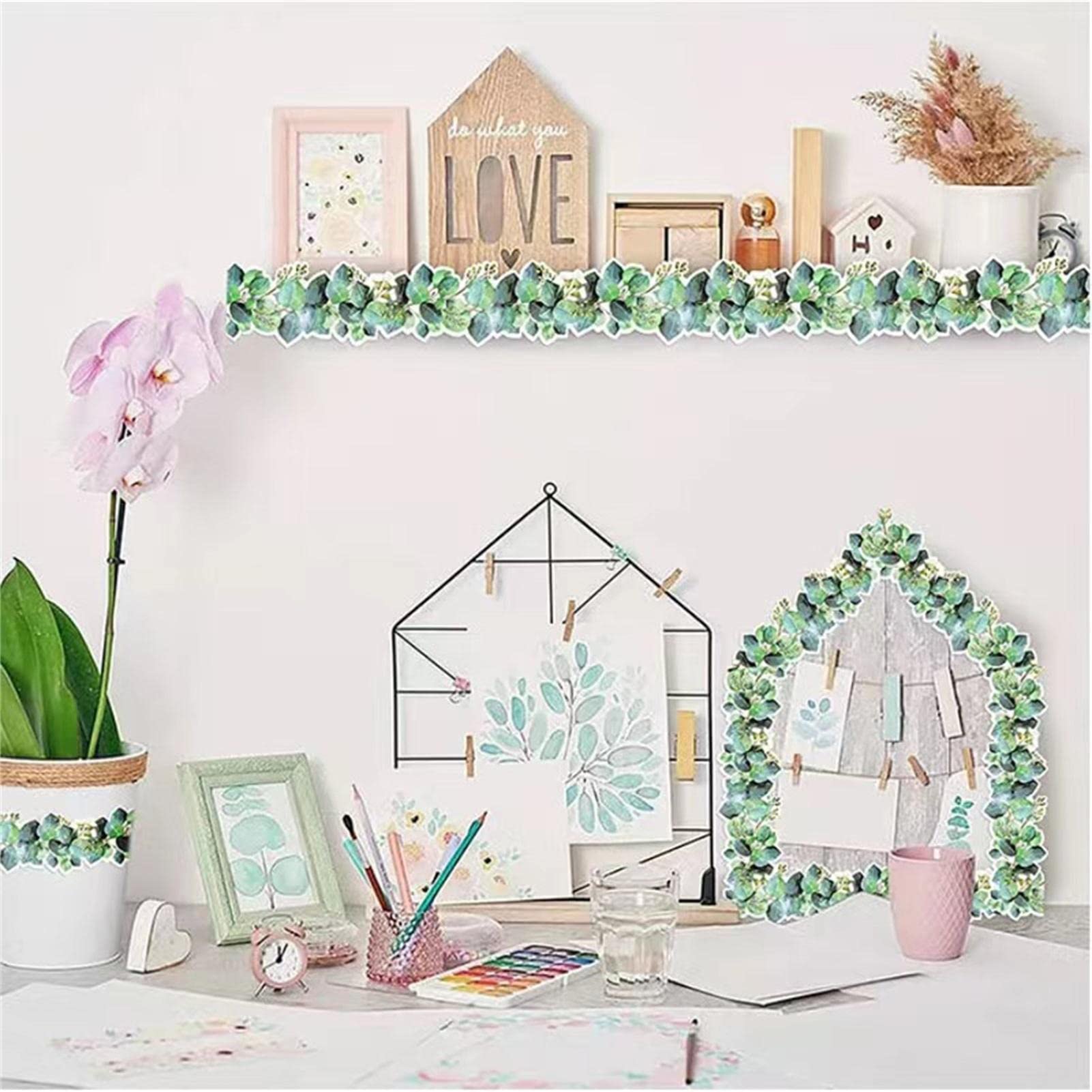 Eucalyptus Leaf Flower, Eucalyptus Green Scalloped Rolled Border Trim, 49.21ft Eucalyptus Border Bulletin Board, Announcement Border Sticker Blackboard, Decorate Bulletin Boards Walls Desks Windows
