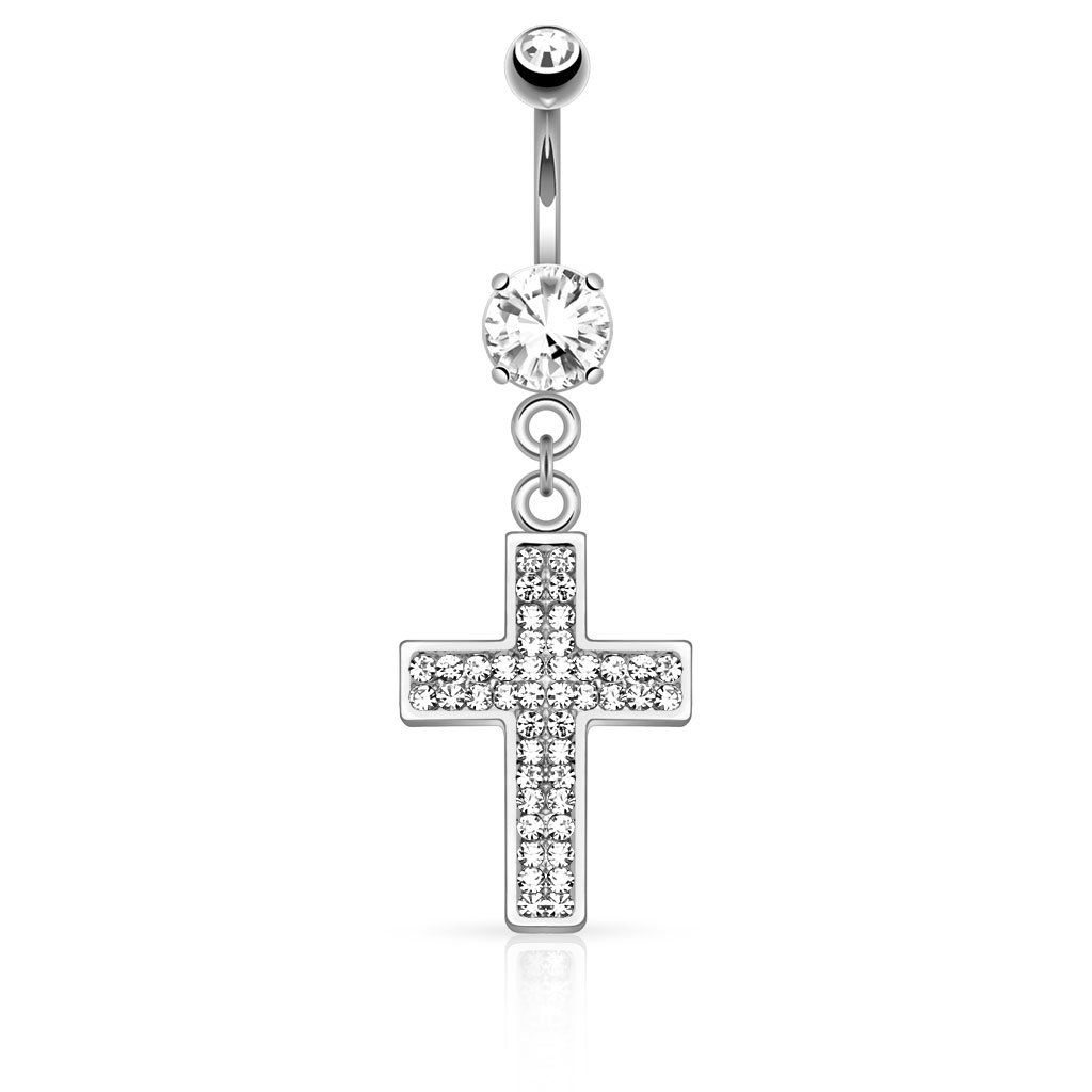 Dynamique Gem Paved Cross Dangle Belly Button Navel Ring (Sold Per Piece)