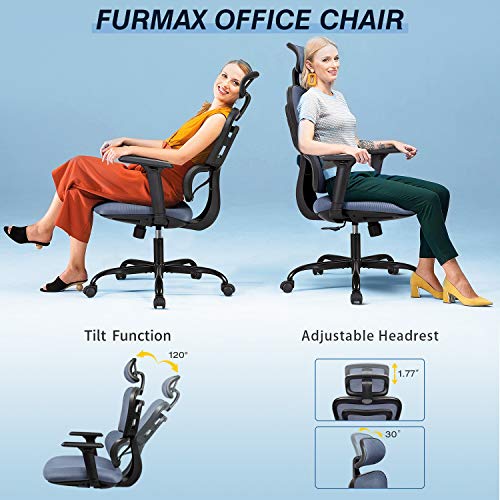 Furmax Ergonomic Office Chair Computer Desk Chair Mesh Fabric High Back Swivel Chair with Adjustable Headrest and Armrests Executive Rolling Chair with Curved Lumbar Support (Gray)