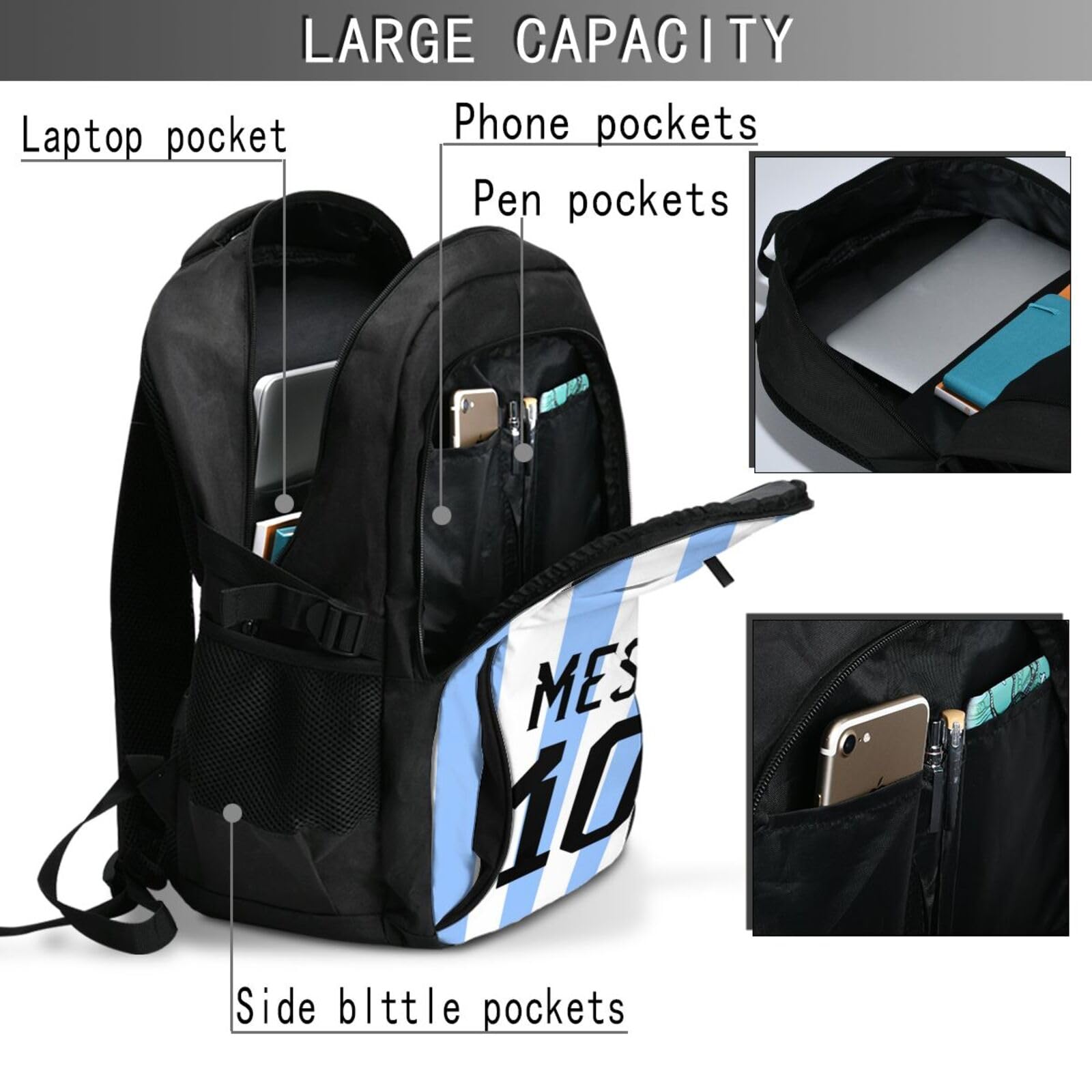 Elehuv Soccer Player 16IN Laptop Backpack Work College Computer Bag Travel Daypack With Usb Charging Port for Men Women