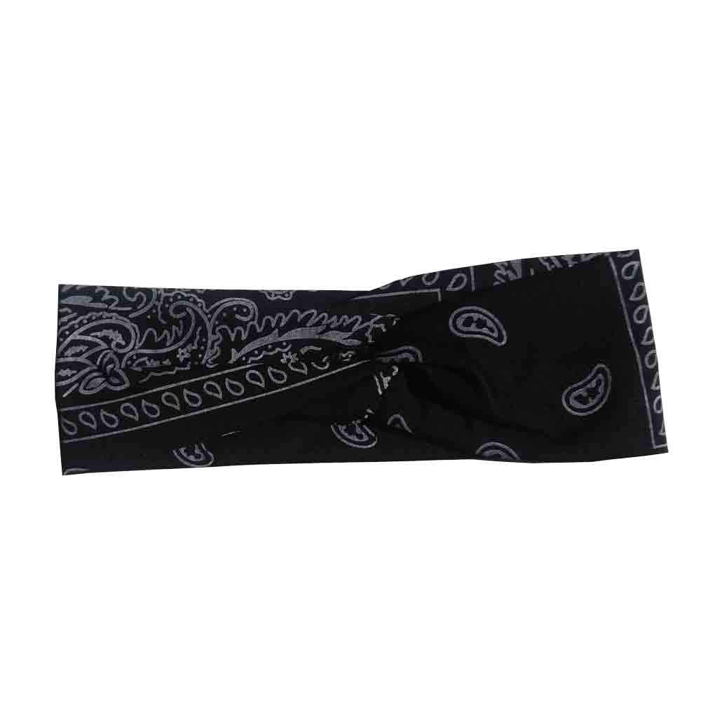 Fashionsweet Bandana Print Headband Women's Yoga Hair Wrap Paisley Twisted 3" Stretchabable (Black)