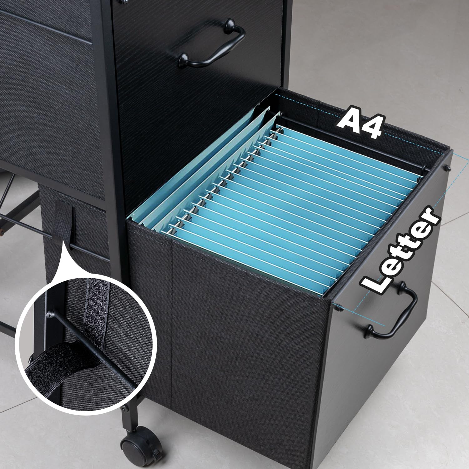 Finnhomy Mobile File Cabinet with 2 Drawers, Small Fabric Vertical Filing Cabinet with Wooden Board, Rolling Printer Stand fits A4 or Letter Size