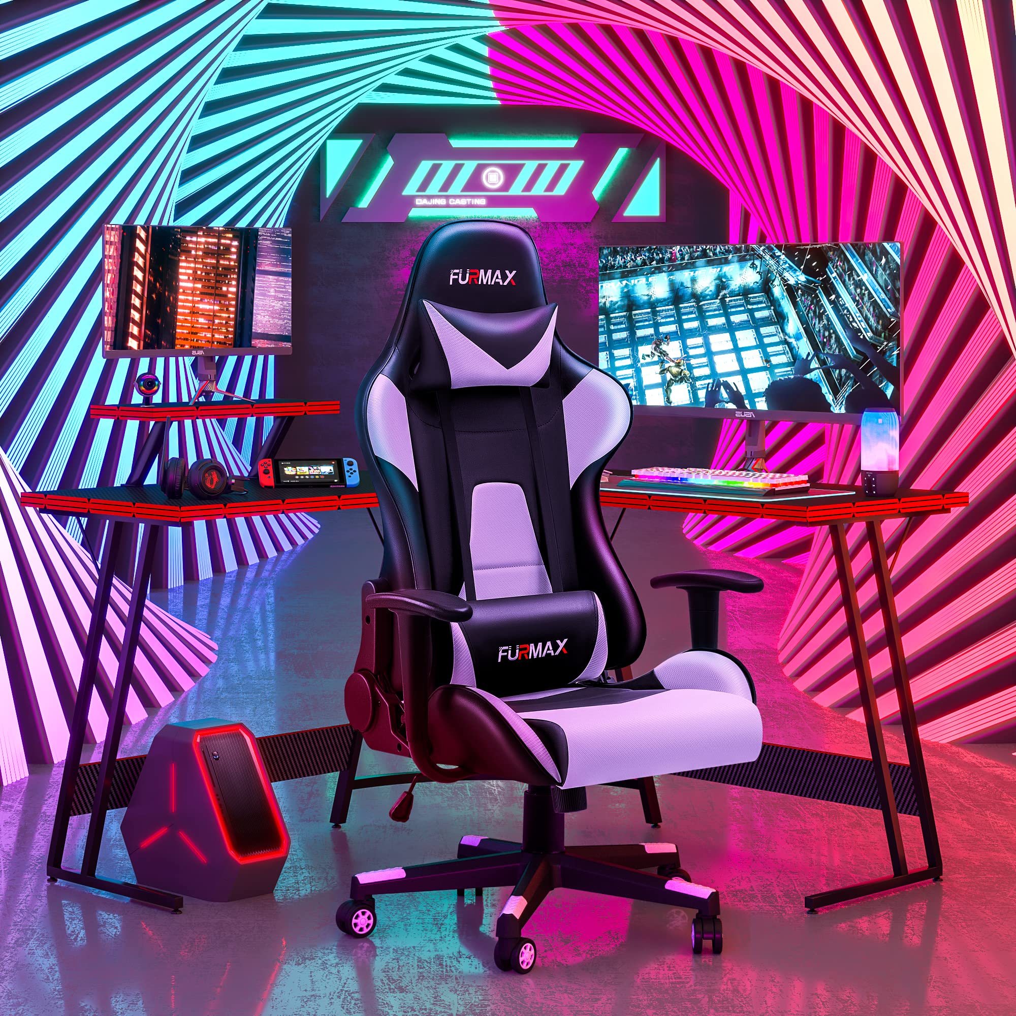 Furmax Video Gaming Chair Ergonomic PC Computer Office Chair Racing Leather Adjustable Swivel Chair with Headrest and Lumbar Support for Adults (Black/White)