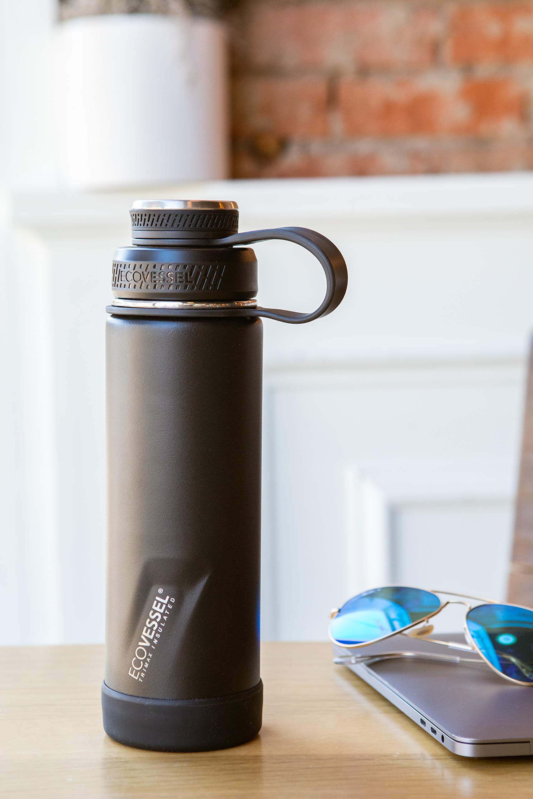 EcoVessel Boulder Vacuum Insulated Water Bottle with Fruit and Ice Strainer, 20oz Stainless-Steel Travel Thermos for Hot and Cold Drinks
