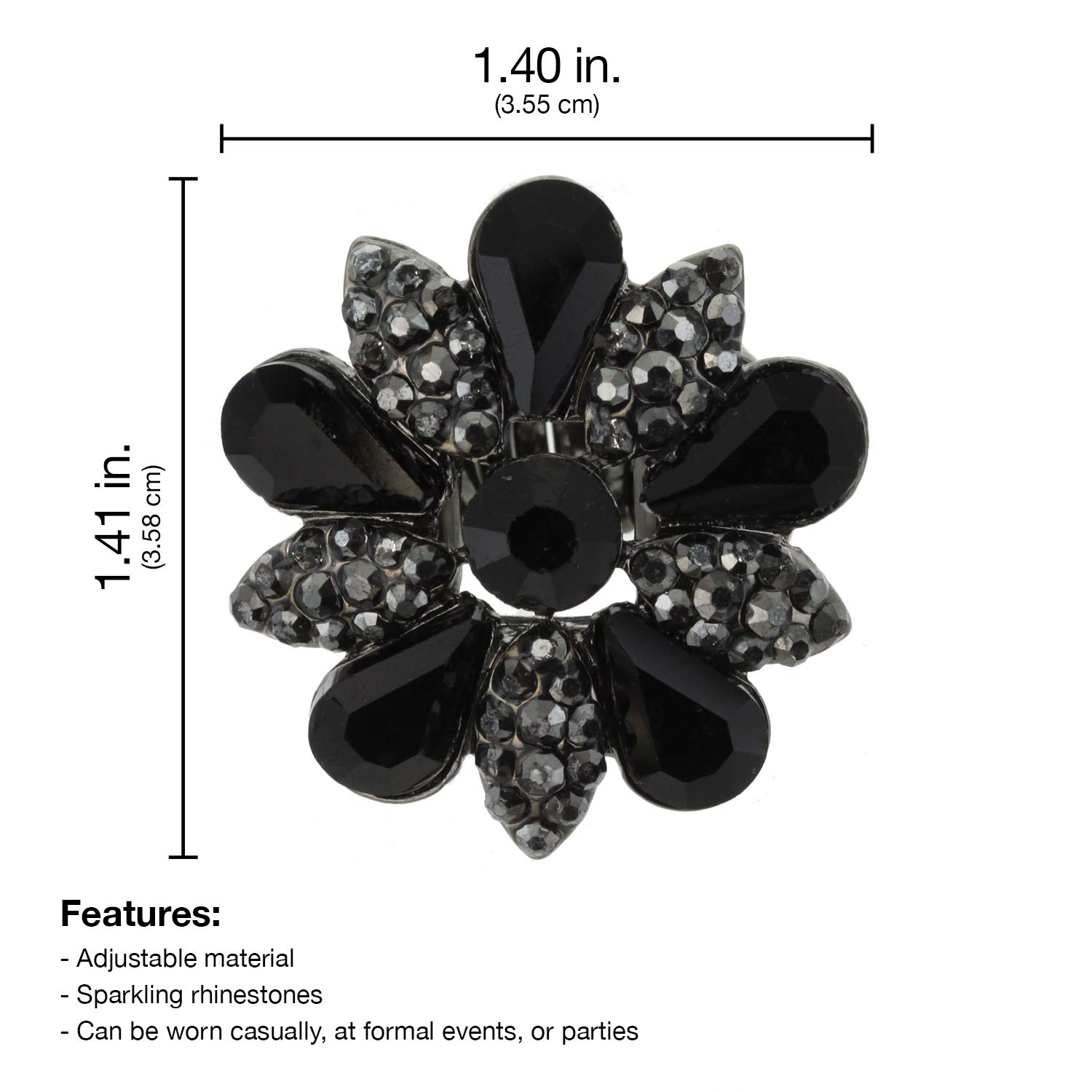 Fashion Flower Ring Embellished with Rhinestones and Austrian Crystals in Black