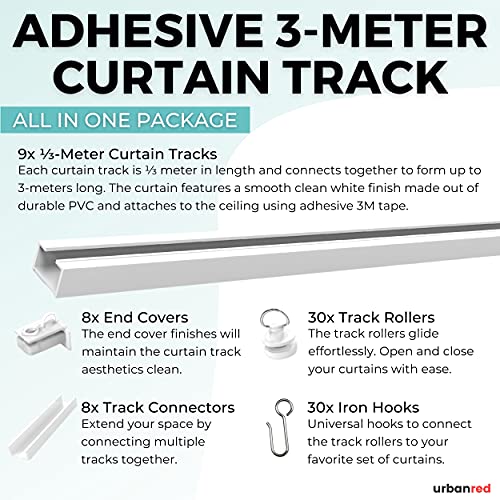UrbanRed Self Adhesive Ceiling Or Wall Curtain Track (9.8 FT, 3 Meters) - No Drill, Screws, or Tools Curtain Rod, No Damage Curtain Track, Curtain Hangers, Adhesive Curtain Rod (Non-Flexible)