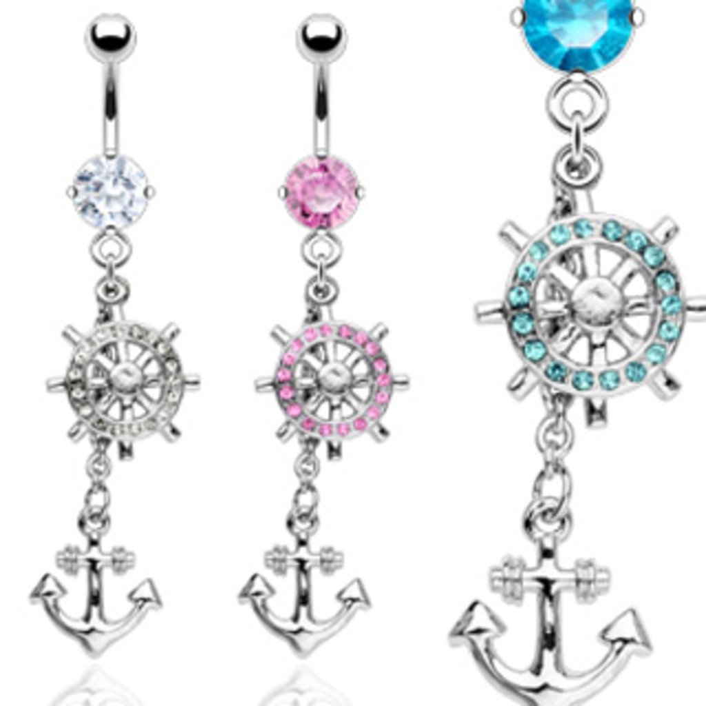 Dynamique Ship'S Wheel Gem Paved And Anchor Dangle with 316L Surgical Steel Belly Button Ring