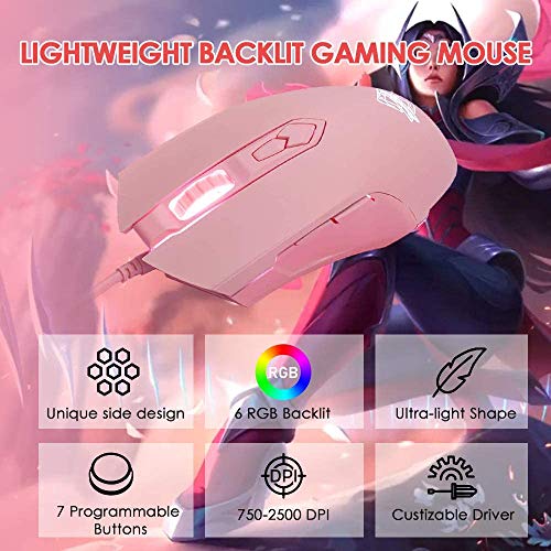 FELICON Pink Wired Mechanical Keyboard and Mouse Combo with Linear Blue Switches, Full Anti-ghosting Gaming Keyboard, Lightweight Gaming Mouse, Mouse Pad for Office and Gamer Pc Mac Laptop