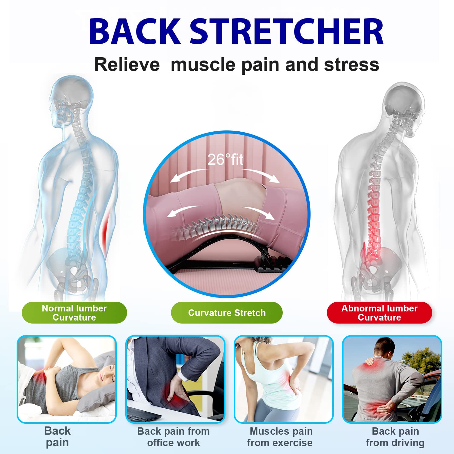 GAOQIAO Back Stretcher, Lumbar Back Cracker Board Pain Relief Device, Multi-Level Lumbar Back Massager, Pain Relief for Herniated Disc, Sciatica, Scoliosis, Lower and Upper Lumbar Support Stretcher