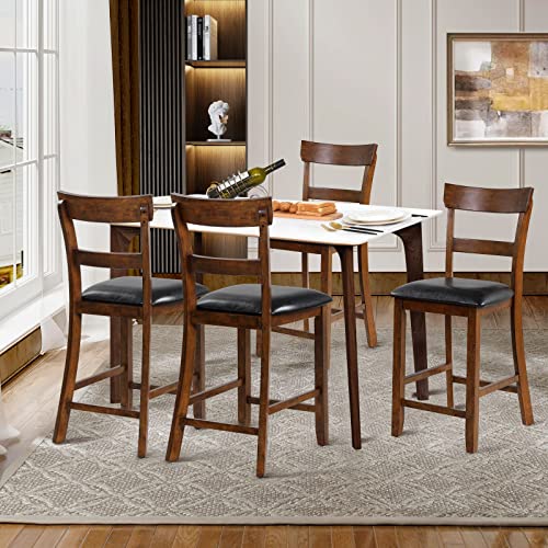 NAFORT Counter Height Bar Stools Set of 4, Farmhouse 25.5β Solid Wood High Dining Chairs with Cushion, Counter Stools with Back for Kitchen Restaurant Bar, Rubberwood Legs & Black PU Leather Cushion