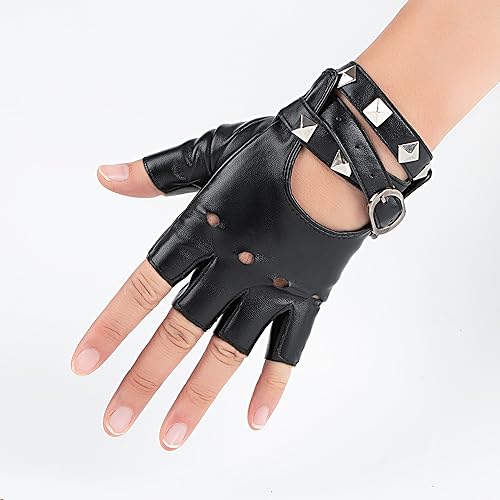 Fingerless Leather Gloves, Half Finger Biker Punk Gloves (One size fits all) with Belt Up and Rivet Design for Halloween Costume Party