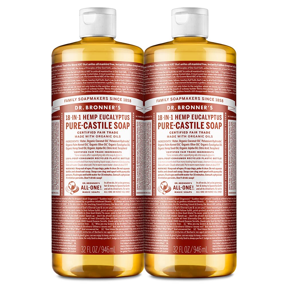 Dr. Bronner's - Pure-Castile Liquid Soap (Eucalyptus, 32 ounce, 2-Pack) - Made with Organic Oils, 18-in-1 Uses: Face, Body, Hair, Laundry, Pets and Dishes, Concentrated, Vegan, Non-GMO