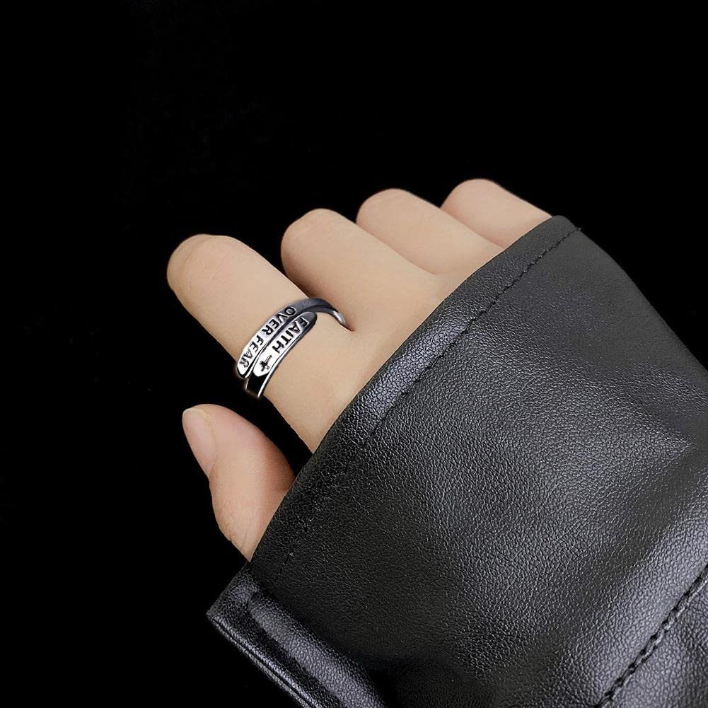 Faith Over Fear Ring,Sterling Silver Adjustable Wrap Open Ring,Women Teens Inspirational Jewelry Gifts