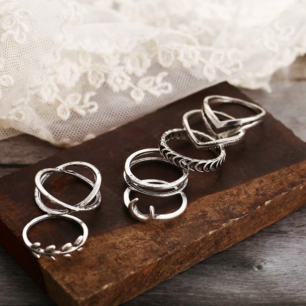 Evazen Boho Leaf Moon Knuckle Rings Vintage Silver Joint Knuckle Mid Ring Set with Crescent for Women and Girls (Set A)