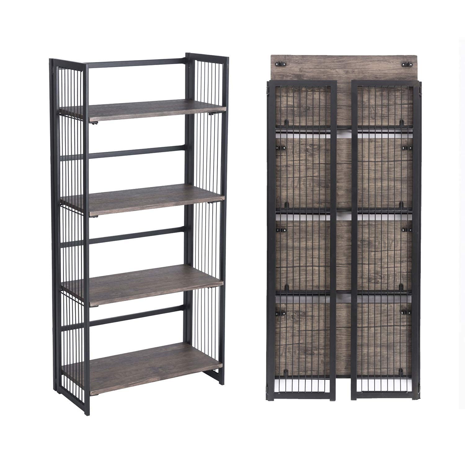 FurnitureR Classics 4-Tier Foldable Bookshelf Vintage Bookcase Modern Wood Look for Home Office