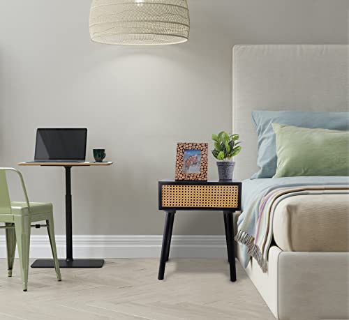 Rattan Nightstand, Small End Table with Storage (No Assembly Required), Black Side Tables Bedside Table Mid-Century Modern Style Coffee Table for Living Room Bedroom Balcony Office