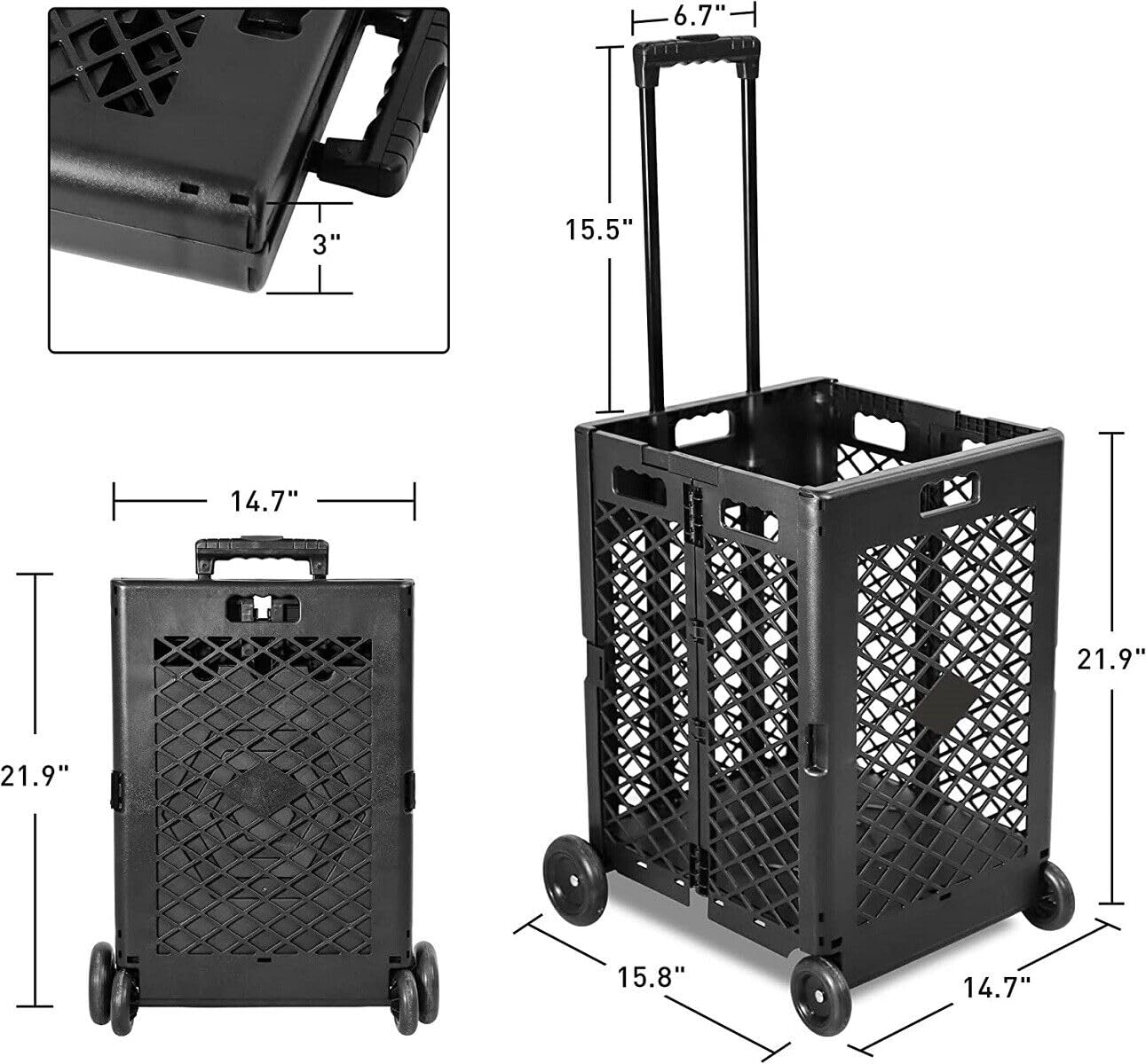 Foldable Rolling Cart w/Wheels Collapsible Plastic Storage Basket 66LBS