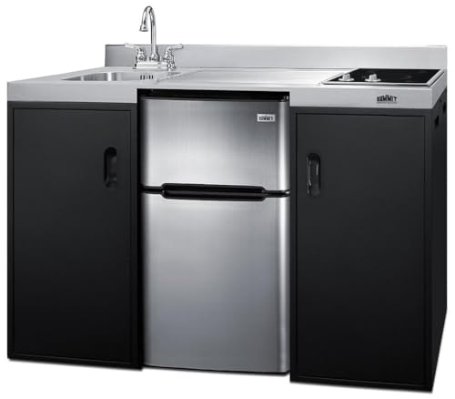 Summit Appliance CK55ADASINKR 54β Wide All-in-One Kitchenette in Black with a 2-Burner 115V Cooktop, 2-Door Refrigerator-Freezer, Sink, and Large Storage Cabinet (SINKR)