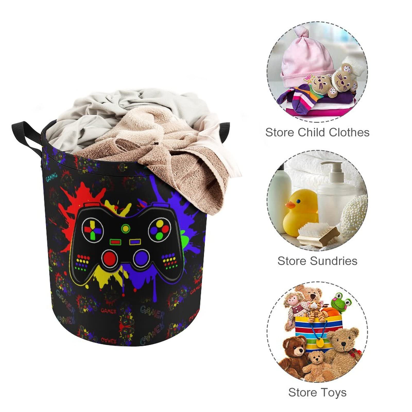 Gaming Laundry Basket With Drawstring, Color Game Controller 3d Printed Gamepad Collapsible Storage Basket Boys Kids Room Laundry Nursery Hamper Bathroom