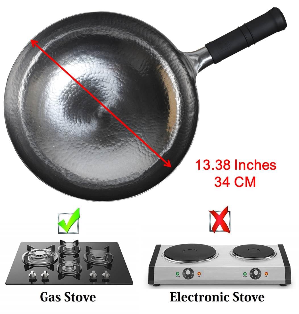 Mecete Wok Pan Nonstick Chinese Hand Hammered Woks and Stir Fry Pans Non-stick Carbon Steel Wok Utensils No Coating(13.3 Inch, Round Bottom) 1.8 mm thickness