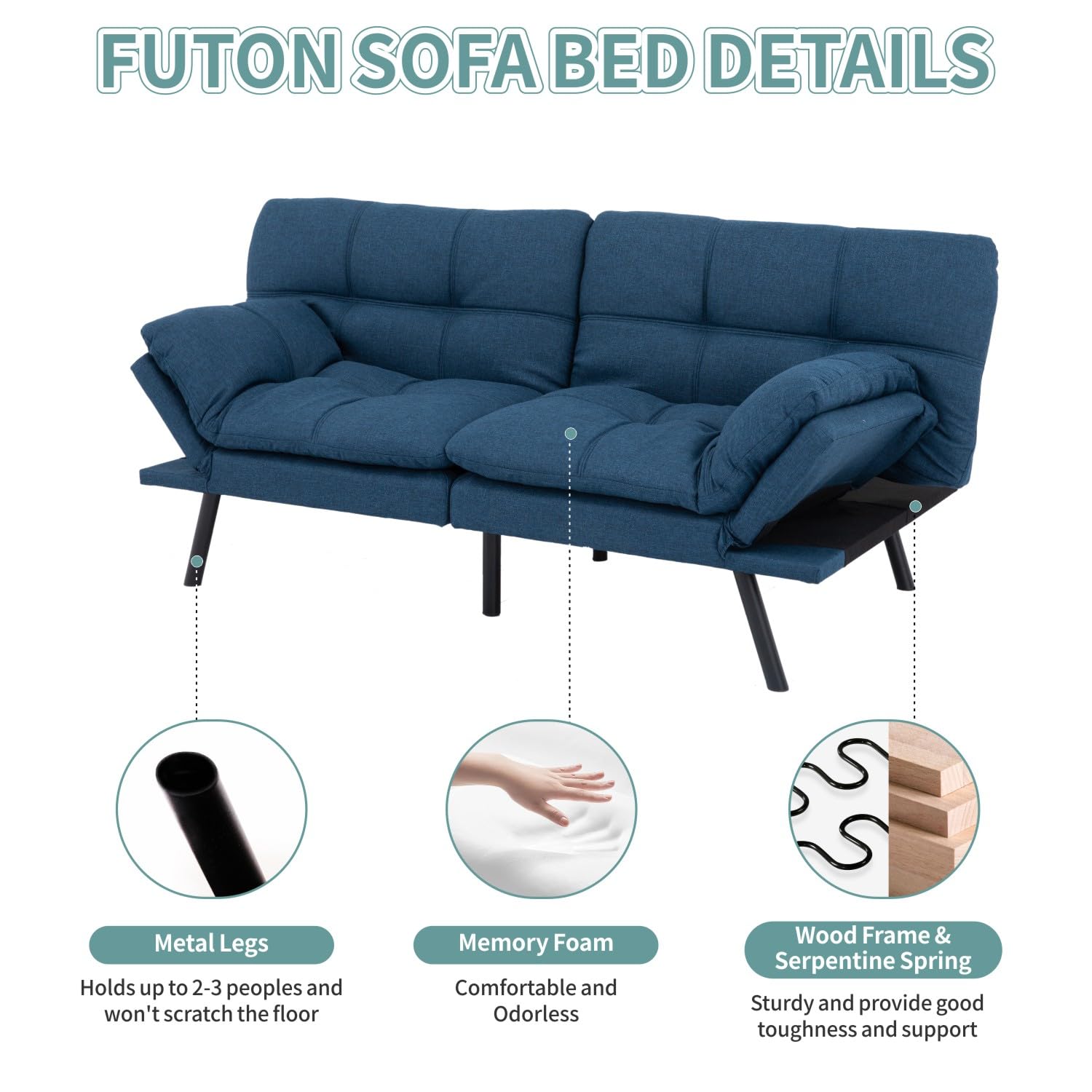 MUUEGM Futon Bed,Convertible Memory Foam Sofa Bed, Modern Love Seat for Living Room,Compact Space,Apartment,Office,Adjustable Backrests Armrests Couch Sleeper,71" Sofas,Brown Futon Bed