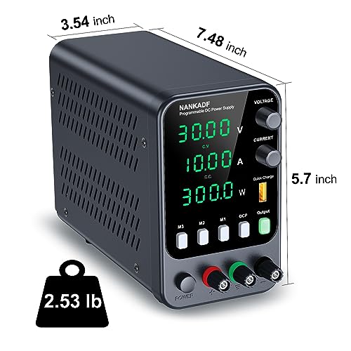 NANKADF DC Power Supply, 30V 10A Bench Power Supply with Memory Storage & Recall,Variable Power Suppy with Encoder Adjustment Knob, 5V/3.6A USB Quick-Charge & OCP Short Circuit Alarm