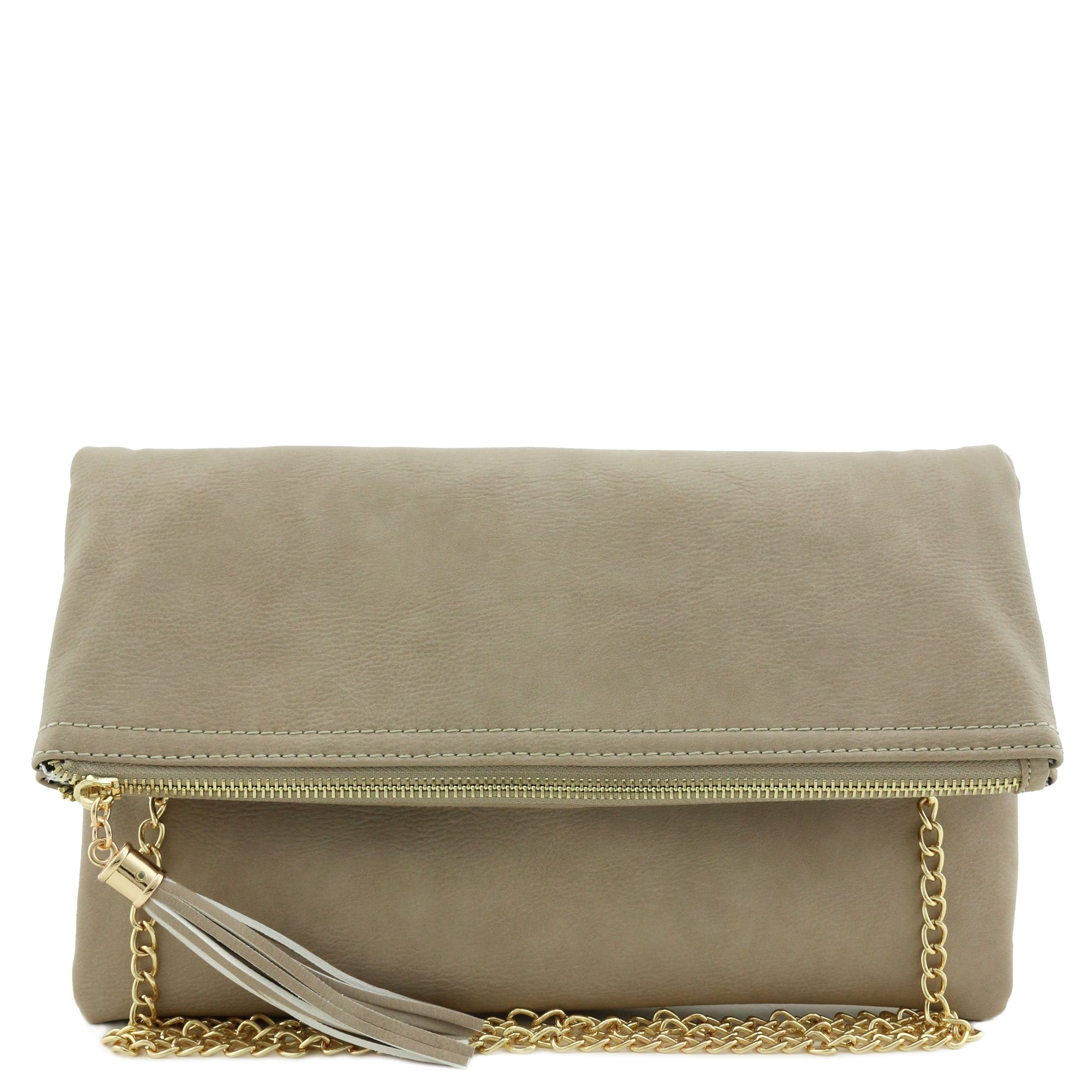 FashionPuzzle Tassel Accent Flapover Clutch Purse with Chain Strap Beige (Brick) One Size