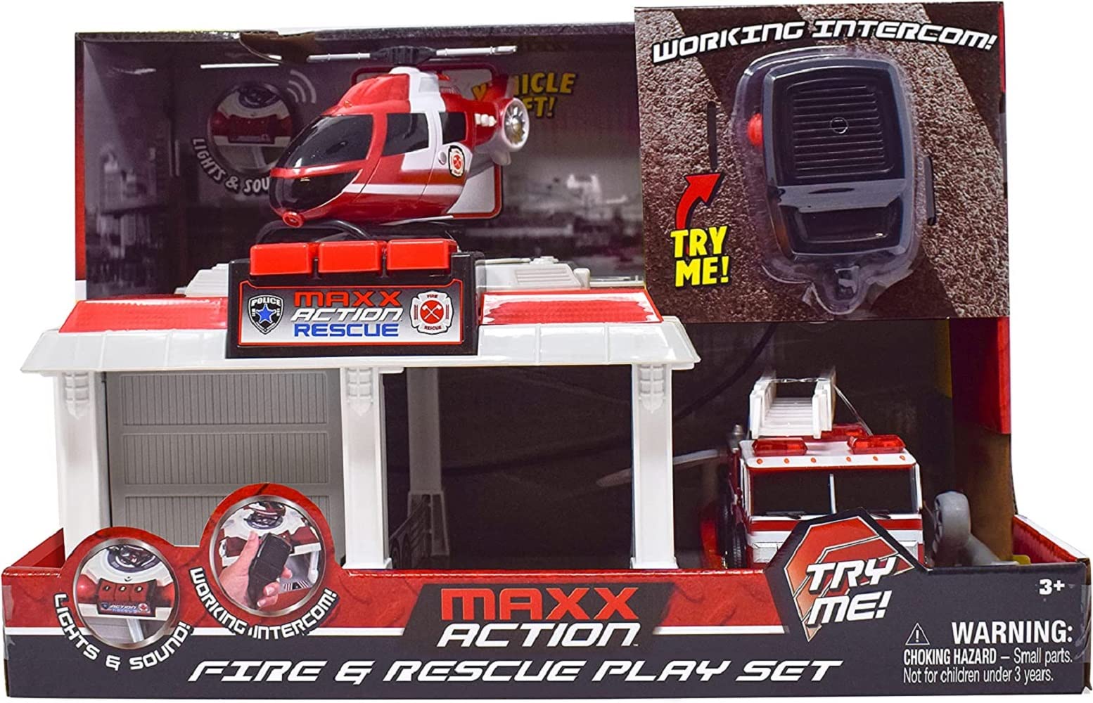 Fire and Rescue Garage Lights and Sounds Toy Set for Kids | Working Intercom with Open and Close Parking Garage and Vehicle Lift | Playset Includes Helicopter and Fire Truck with Friction Motor