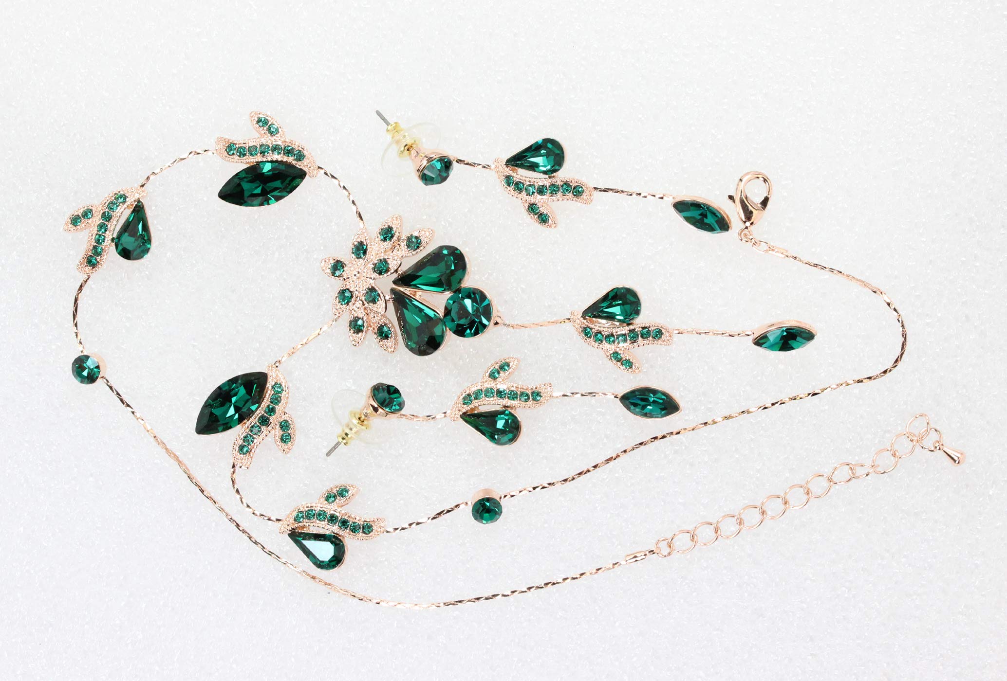 Faship Gorgeous Green Crystal Necklace Earrings Set Wedding Party - Green/Rose Gold Plated