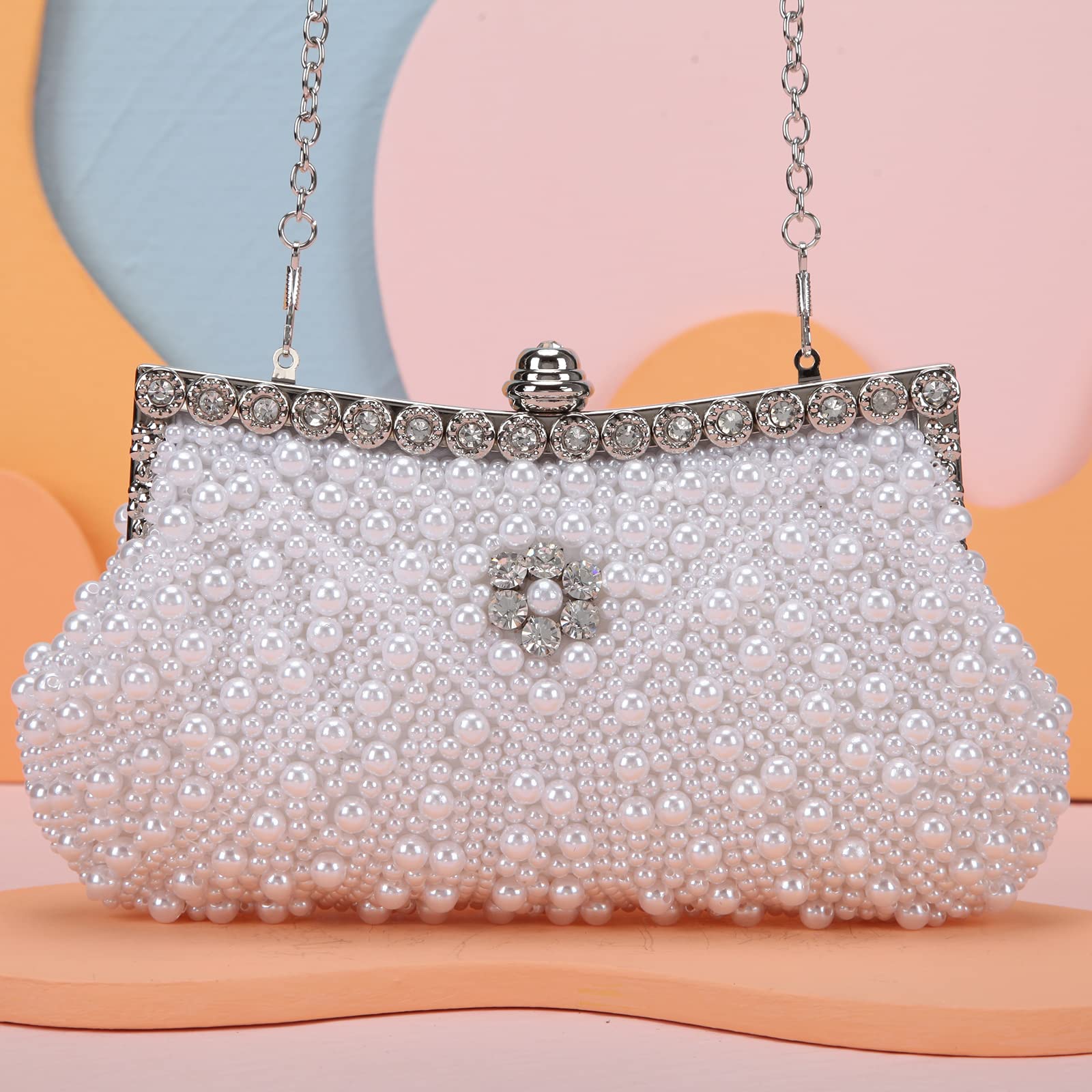 Fawziya Evening Clutch Bling Rhinestone Faux Pearl Soft Novelty Purses For Women Formal-White