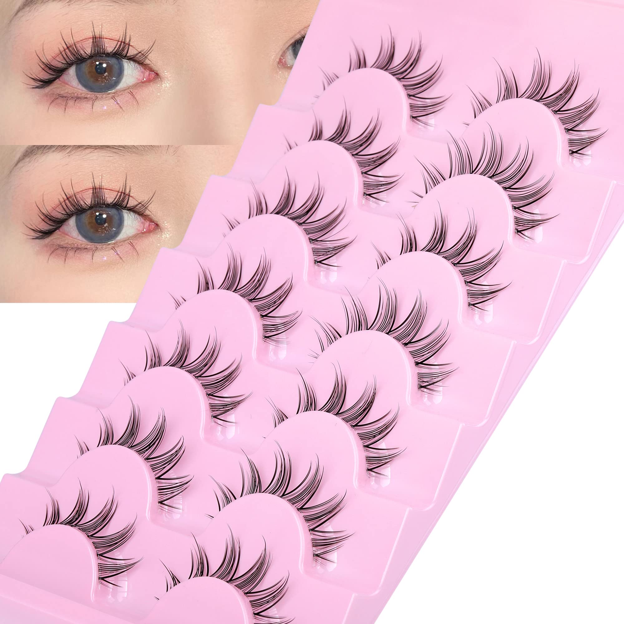 False Eyelashes Manga Lashes Natural Look Wispy Anime Lashes Mink Spiky Fake Eyelashes with Clear Band Strip Korean Eye Lashes Pack by GVEFETIEE