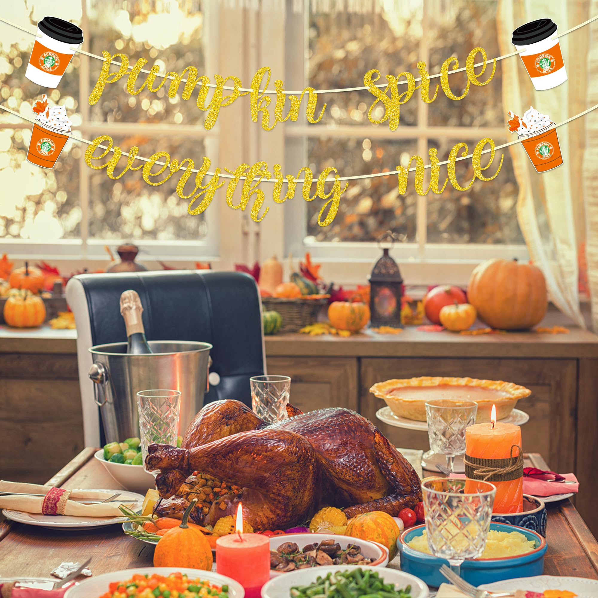Gold Glitter Pumpkin Spice Everything Nice Banner - NO DIY - Fall Thanksgiving Party Decorations, Fall Decorations for Home Mantle Fireplace Wall, Farmhouse Fall Banner with Cups, Fall Harvest Banner