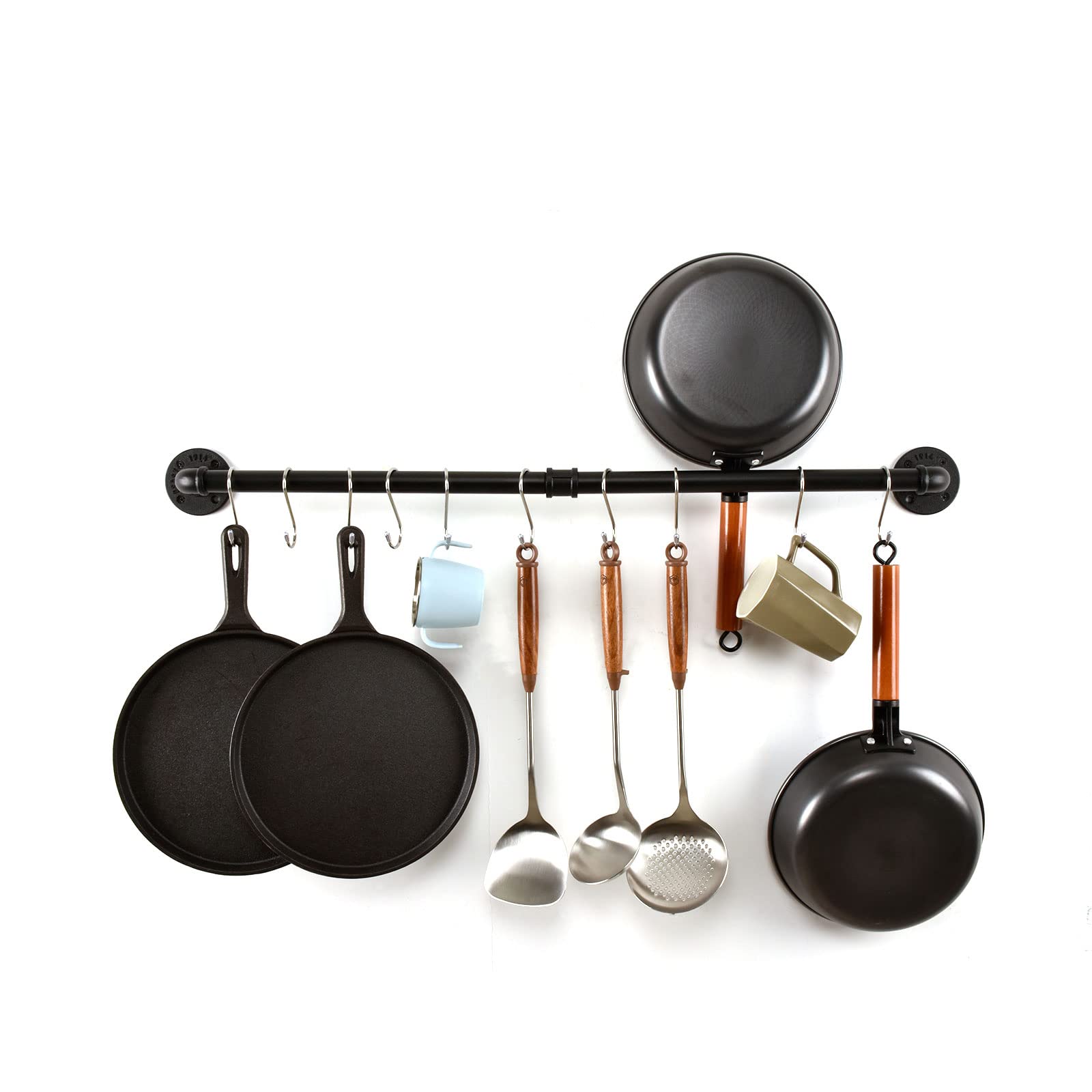 HOEMLIM Pipe Pot Pan Rack Wall Mounted Industrial Utensil Lid Holder Cookware Hanger Kitchen Organizer Hanging Bar Rail with S Hooks(36 inch,Black)