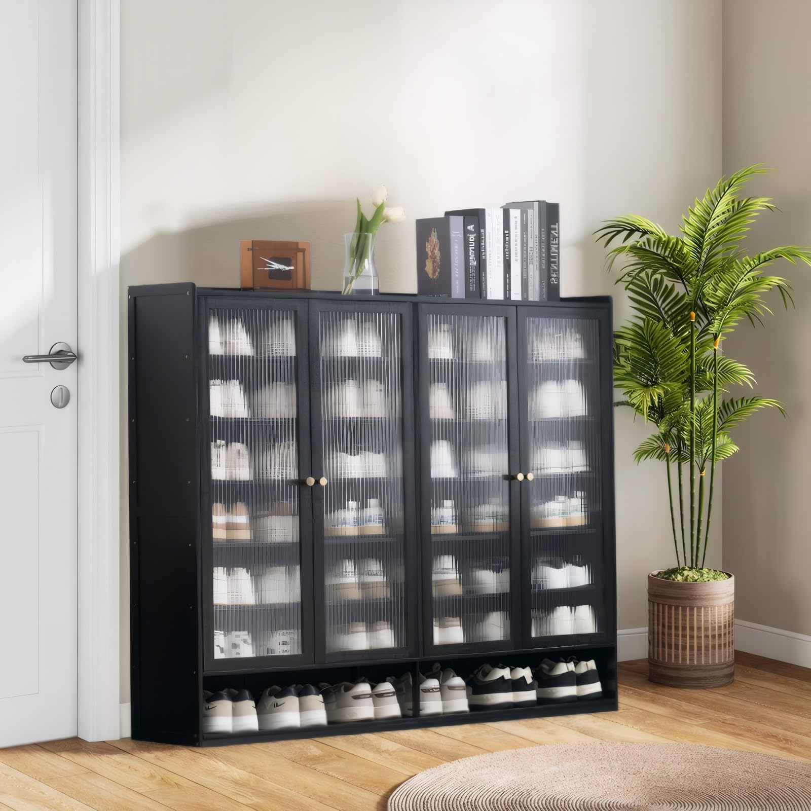 OMKUOSYA Bamboo Shoe Cabinet,8 Tier Bamboo Shoe Storage Cabinet,Bamboo Shoe Cabinet with Doors, for Entryway Hallway(Brown - A)