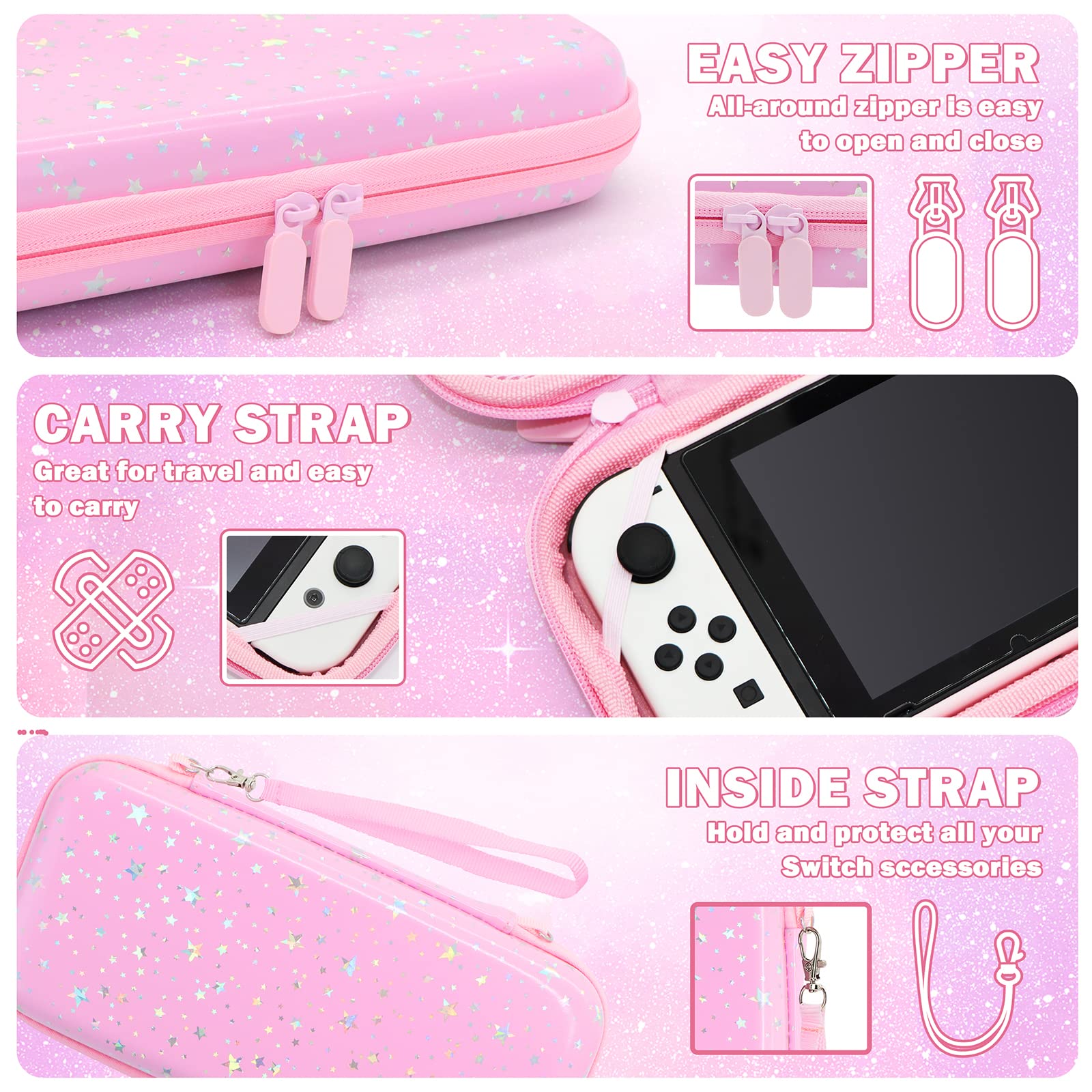 Honghao Large Switch Case for Nintendo Switch/OLED Accessories , Pink Star Design Travel Carrying Protective Case Bag Portable Switch Storage Accessory