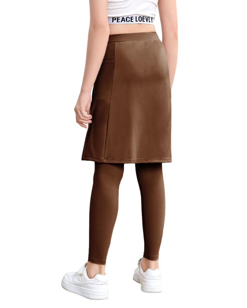 Gyiefcg Girls' Athletic Tennis Golf Skirt with Legging Workout Skirted Leggings Active Dance Skort with Pockets Khaki