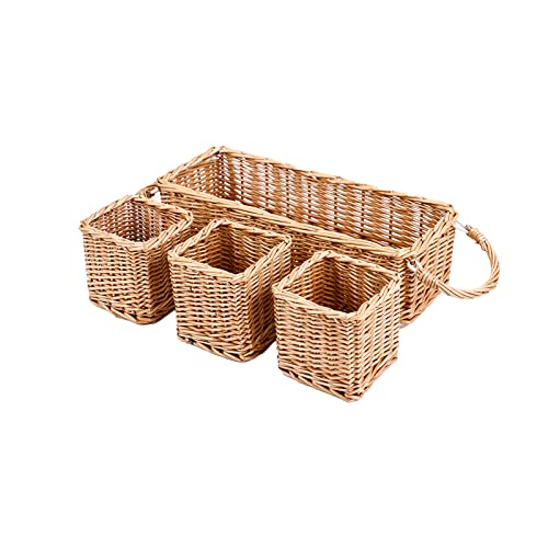 GYASVWU 3 Compartment Wicker Kitchen Flatware Storage Basket Utensil Holder with 3 Removable Storage Cups and Flexible Handles Handmde Baskets for Spoons, Knives, Forks (Wicker)