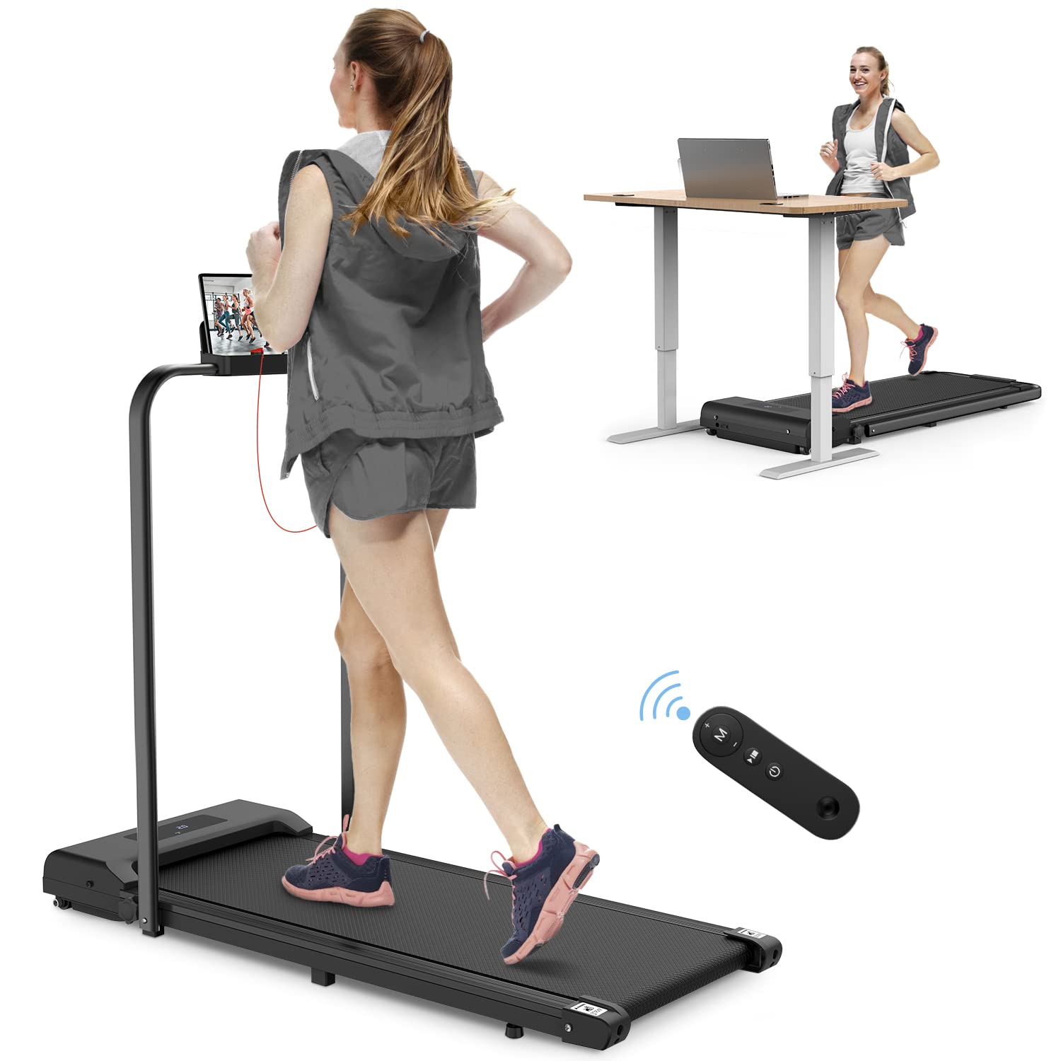 Foldable Treadmill Walking Pad Under Desk, 2.5HP Folding Treadmill with Handle for Office & Home, Quiet & Installation-Free with 0.6-6.2MPH, 300 Lb Capacity, Safety Lock