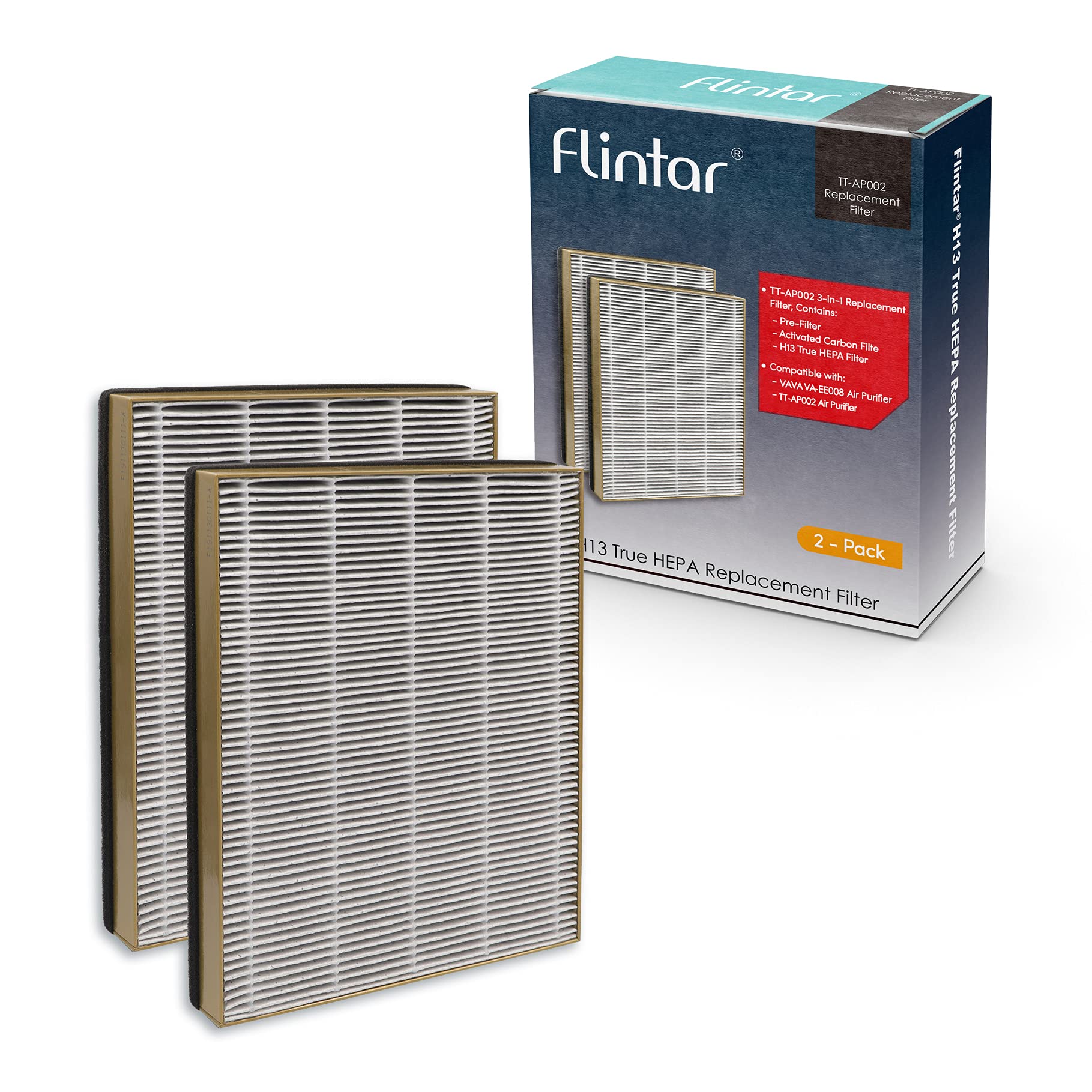 Flintar True HEPA Replacement Filter, Compatible with TaoTronics TT-AP002 Air Purifier and VAVA VA-EE008 Air Purifier, 3-in-1 Premium H13 Grade True HEPA Filter, 2-Pack (2)