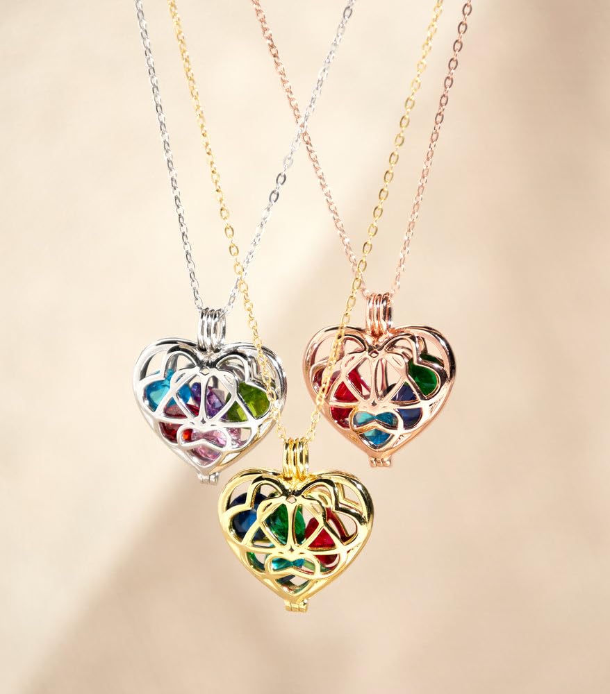 EVE'S ADDICTION Sterling Silver Personalized 6mm Round Simulated Birthstone Heart Caged Locket (16" chain) Personalized Gift for Her - Gifts for Mom
