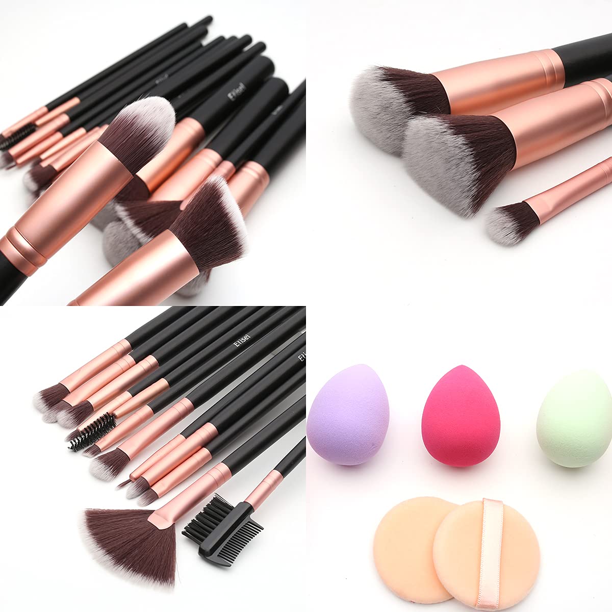 Elisel Makeup Brush Set, 17 Pcs Makeup Brushes with 4 Makeup Sponge Blender 2 Makeup Powder Puff 1 silicone brush cleaner Make Up Brushes Kit (Rose Gold 17)