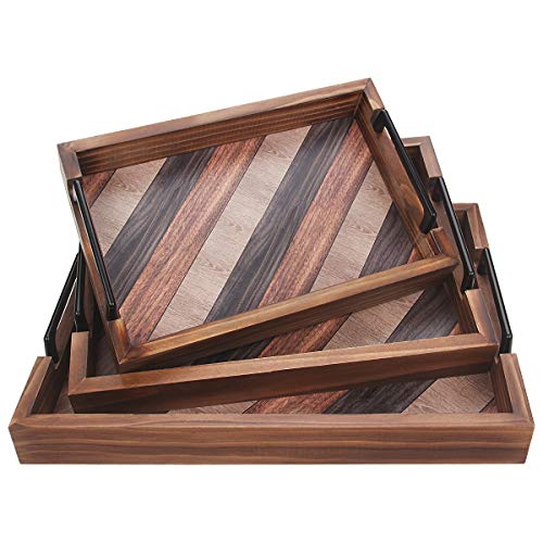Wood Serving Tray with Handles, Butizone Rustic Nesting Serving Trays for Eating, Breakfast, Party, Kitchen, Tea Coffee Table, Ottoman and Home Decor, Decorative Serving Trays, Set of 3