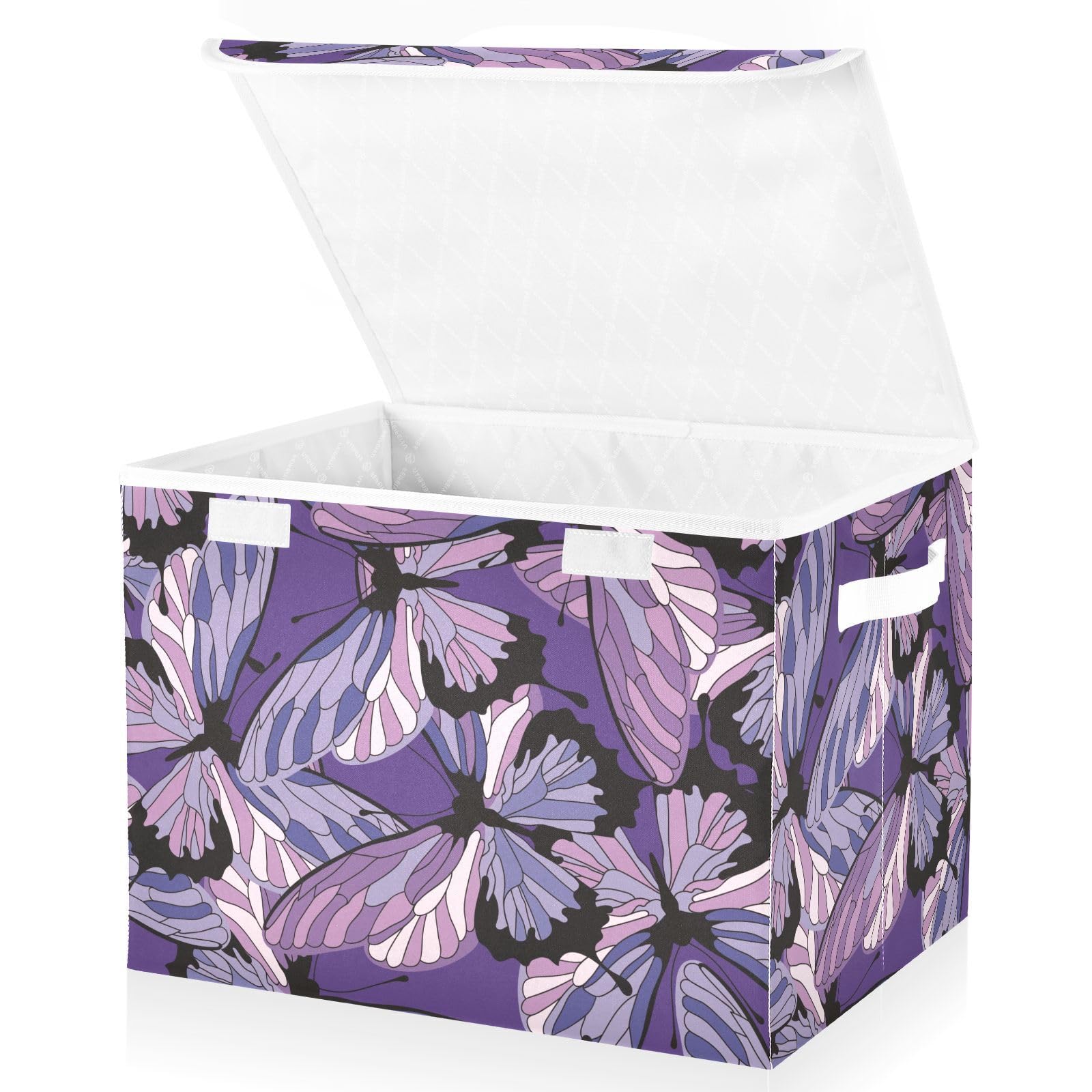 FOLIOSA Storage Boxes Butterflies Purple collapsible Flip-top locker Fabric Storage Bins with Handle for Home Bedroom Closet Office 16.5×12.6×11.8 in